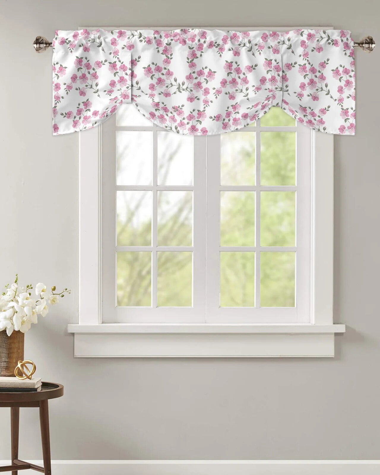 Pink Flower Plant Short Window Curtain Adjustable Tie Up Valance for Living Room Kitchen Window ...