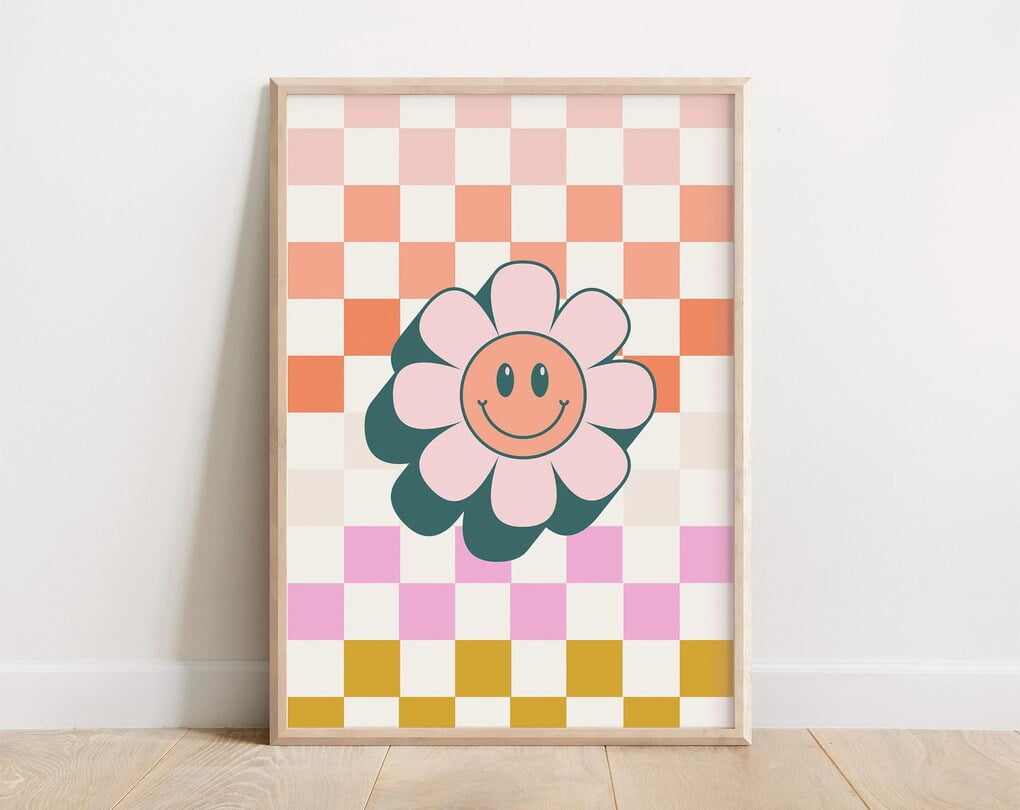 Pink Flower Poster For Kids, Fun Playroom Print, Retro Smiley Face ...