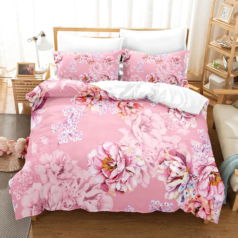 Pink Flower Print Bedding Set Lovers Rose Duvet Cover Girl，kid‘s Duvet ...