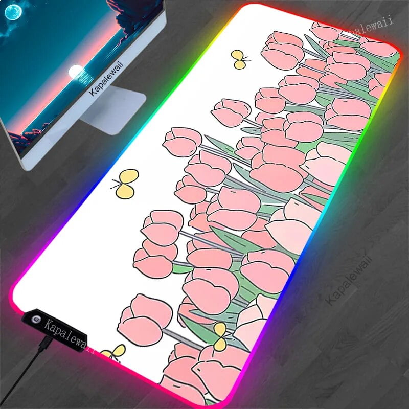 Pink Flower RGB Backlight Gaming Mousepad Desk Rug RGB Mousepads Gamer ...