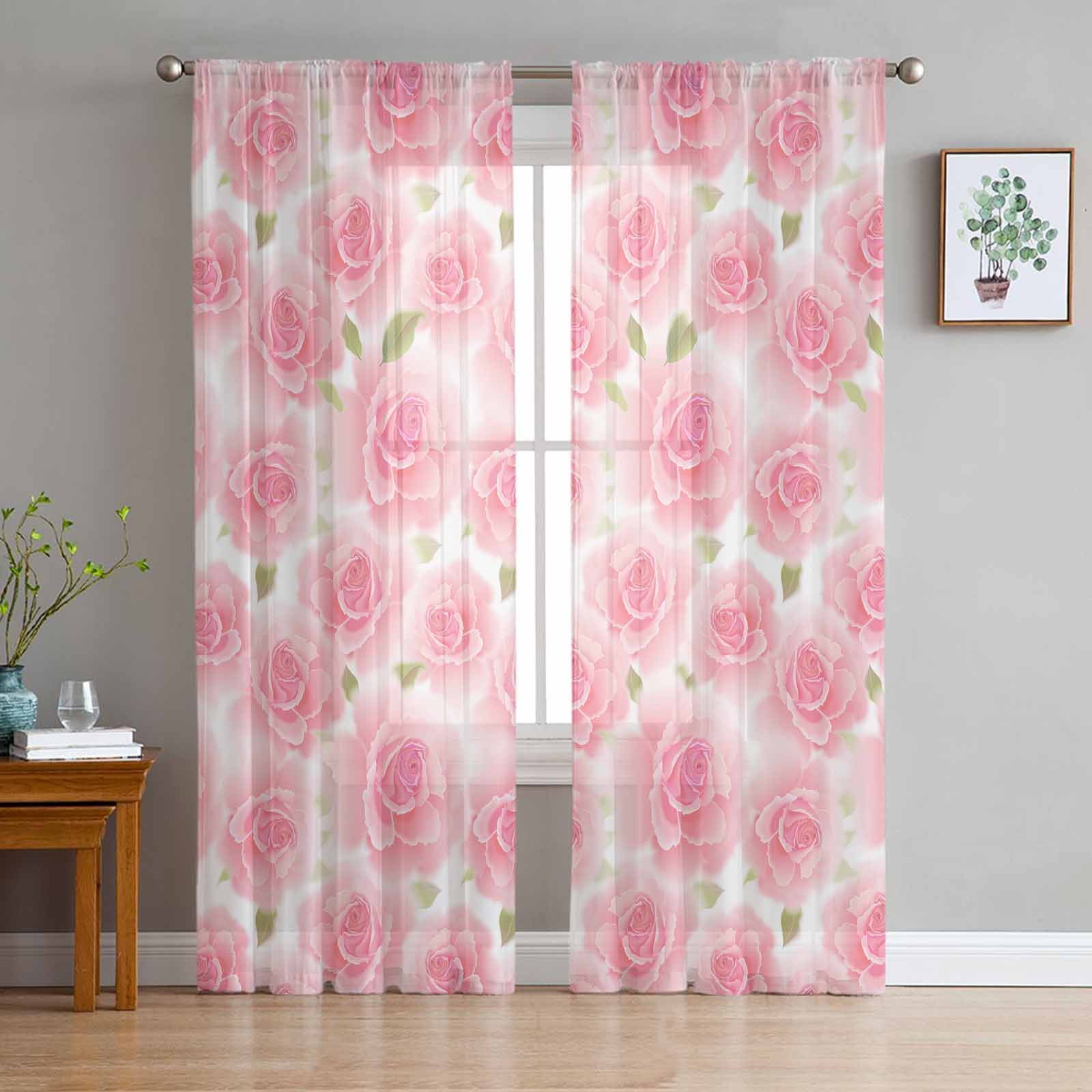 Pink Flower Roses Texture Sheer Tulle Curtains for Living Room Valance ...