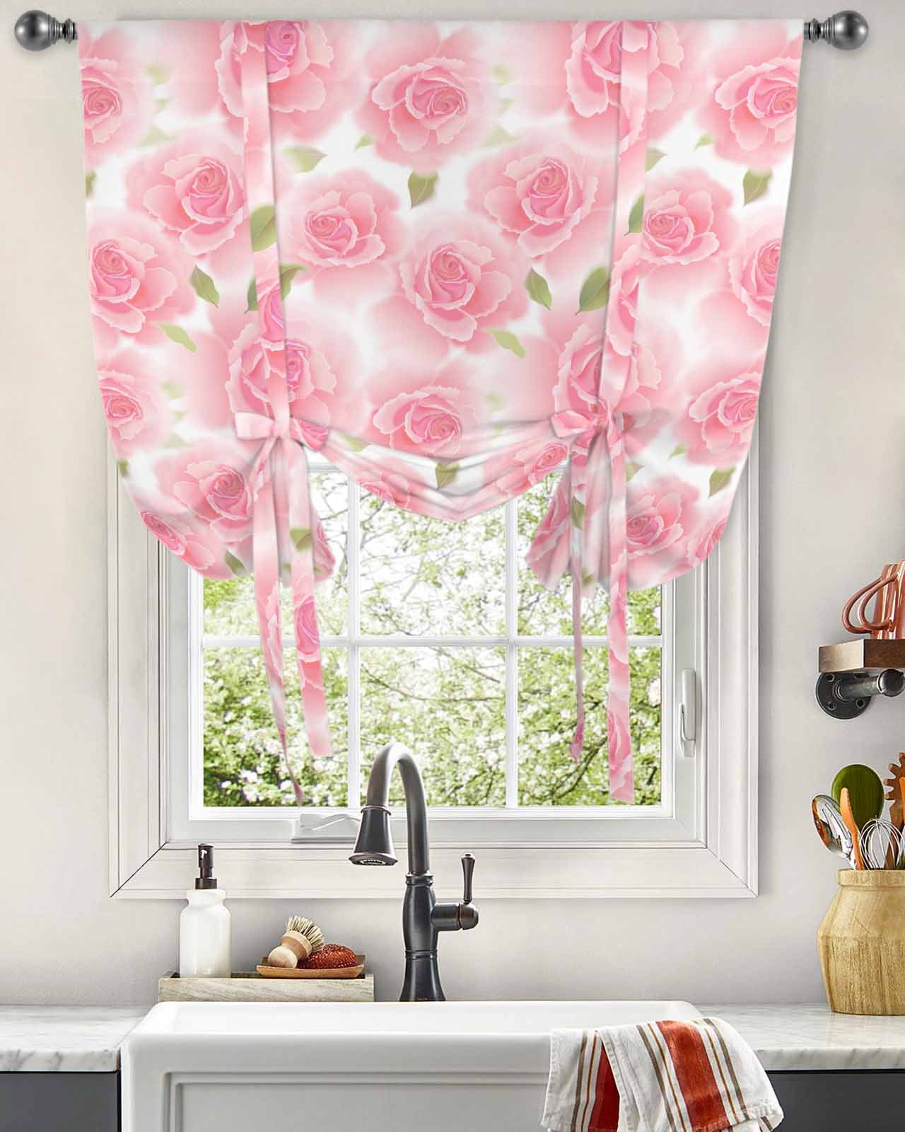 Pink Flower Roses Texture Window Curtain for Living Room Home Decor Blinds Drapes Kitchen Tie-up ...