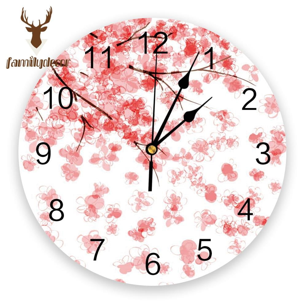 Pink Flower Sakura Cherry Blossoms PVC Wall Clock Modern Design Home r ...