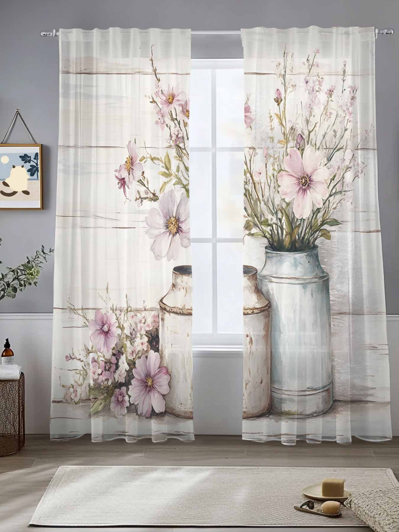 Pink Flower Sheer Curtains for Living Room Bedroom Farm Floral Retro ...
