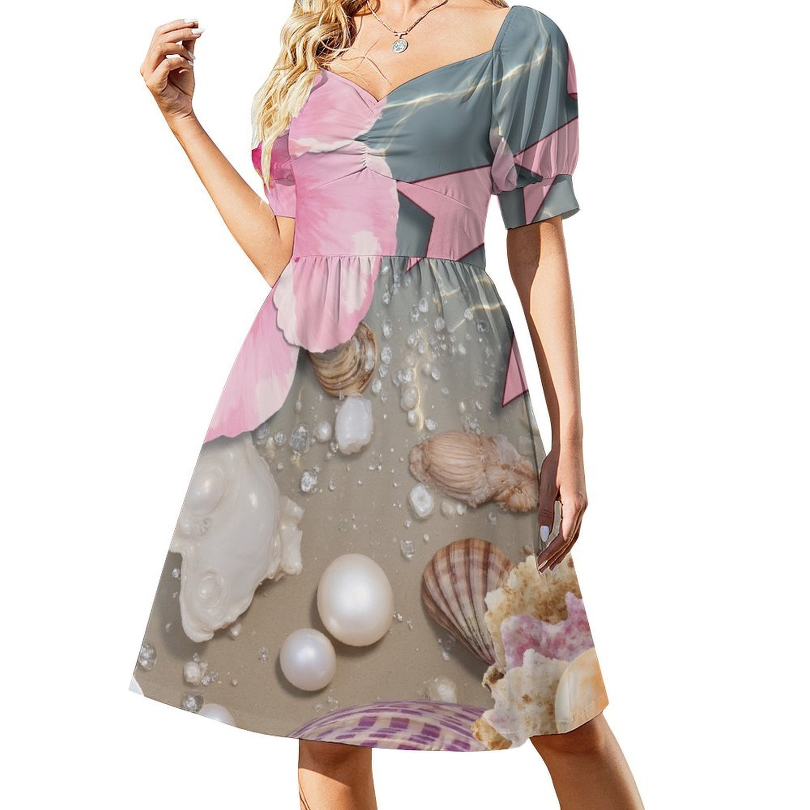 Pink Flower, Shells, Pearls, Bow Summer Women's Dress 2025 Elegant ...