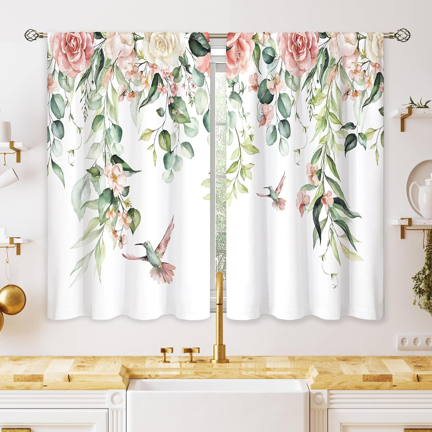 Pink Flower Small Kitchen Curtains Floral Eucalyptus Botanical Plant ...