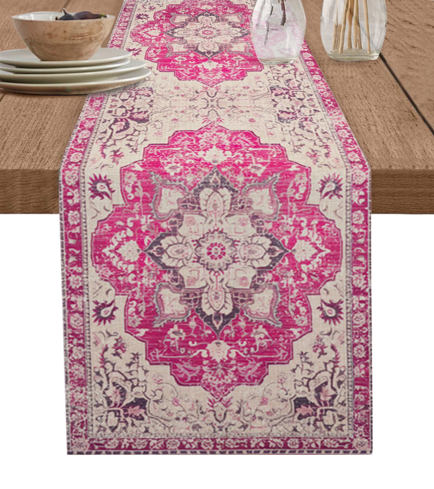 Pink Flower, Table Runner Abstract Contemporary Boho Geometric Tribal ...