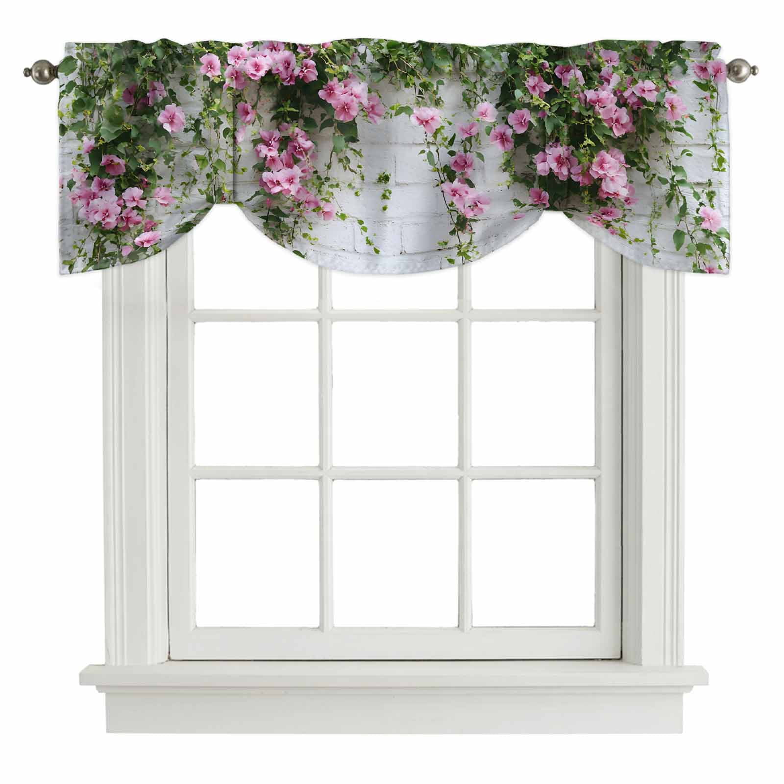 Pink Flower Tie Up Valance for Windows, Spring Beautiful Floral Leaf ...