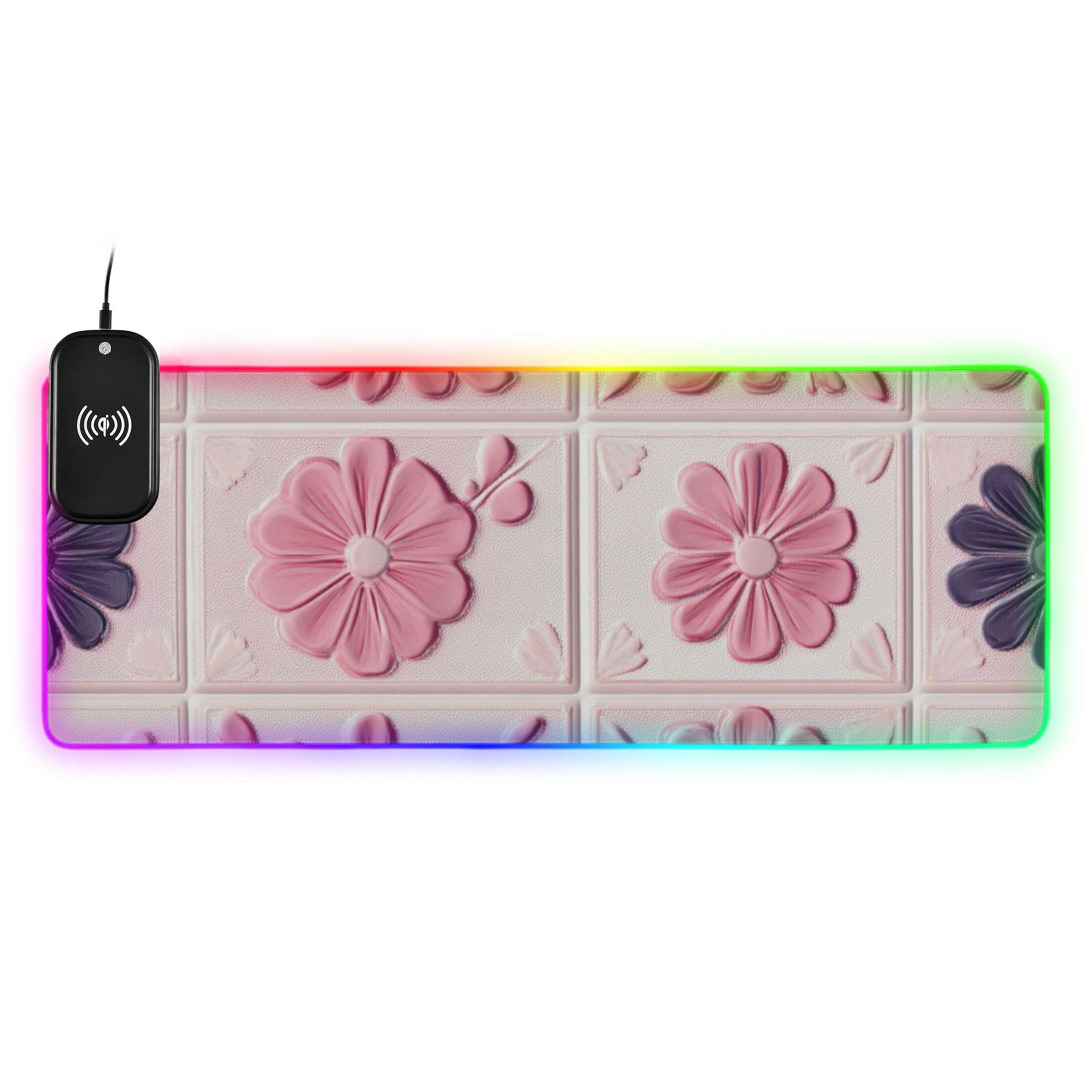 Pink Flower Tile Wireless Charging RGB Gaming Mouse Pad Large Keyboard ...