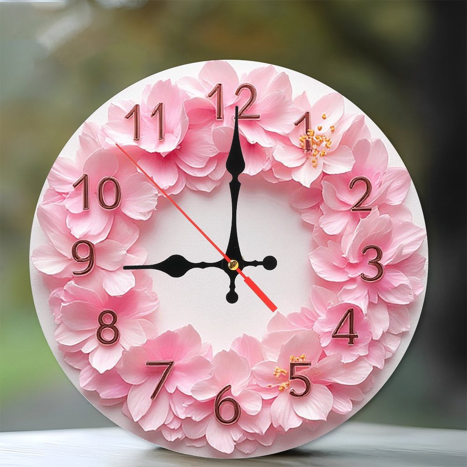 Pink Flower Wall Clock Home Decor 10-Inch Silent Wooden Wall Clock ...