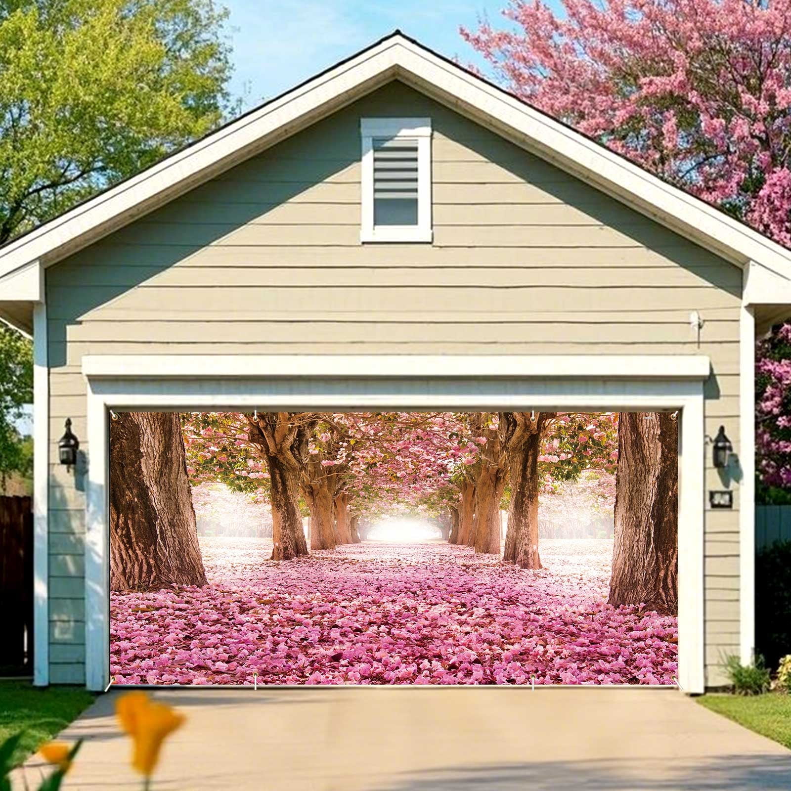 Pink Flower Wall Garage Door Cover Banner Decorations, Spring Floral ...