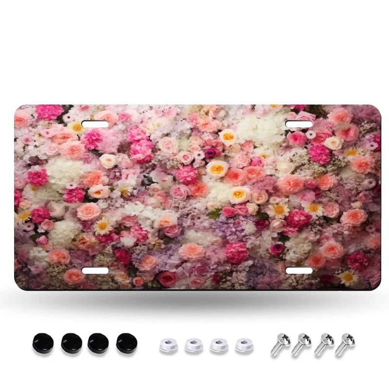 Pink Flower Wall with Various Blooms License Plate Frame, Decorative ...