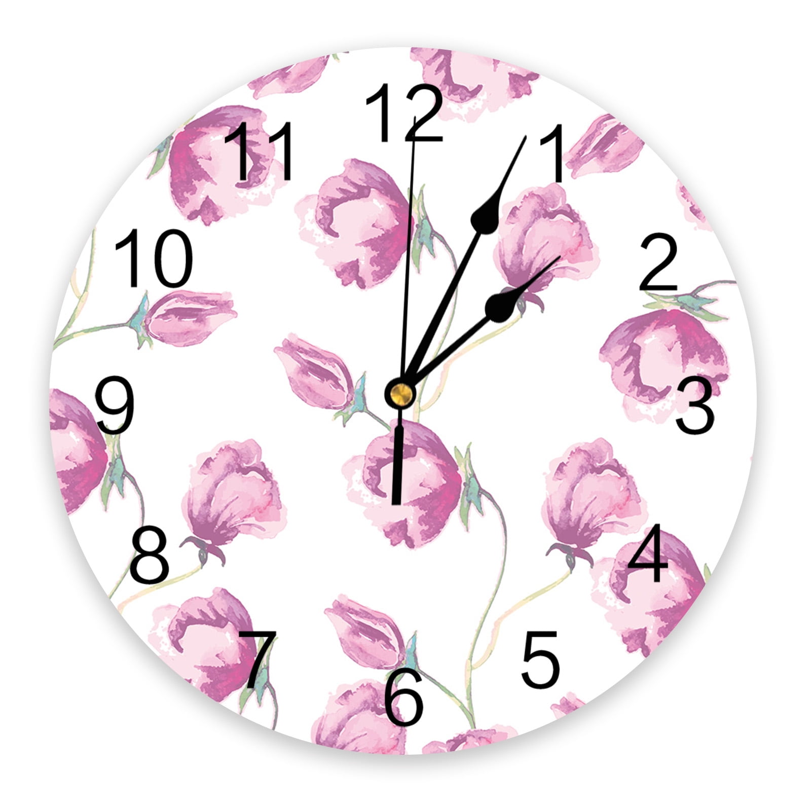 Pink Flower White PVC Wall Clock Living Room Bedroom Wall Digital Clock ...