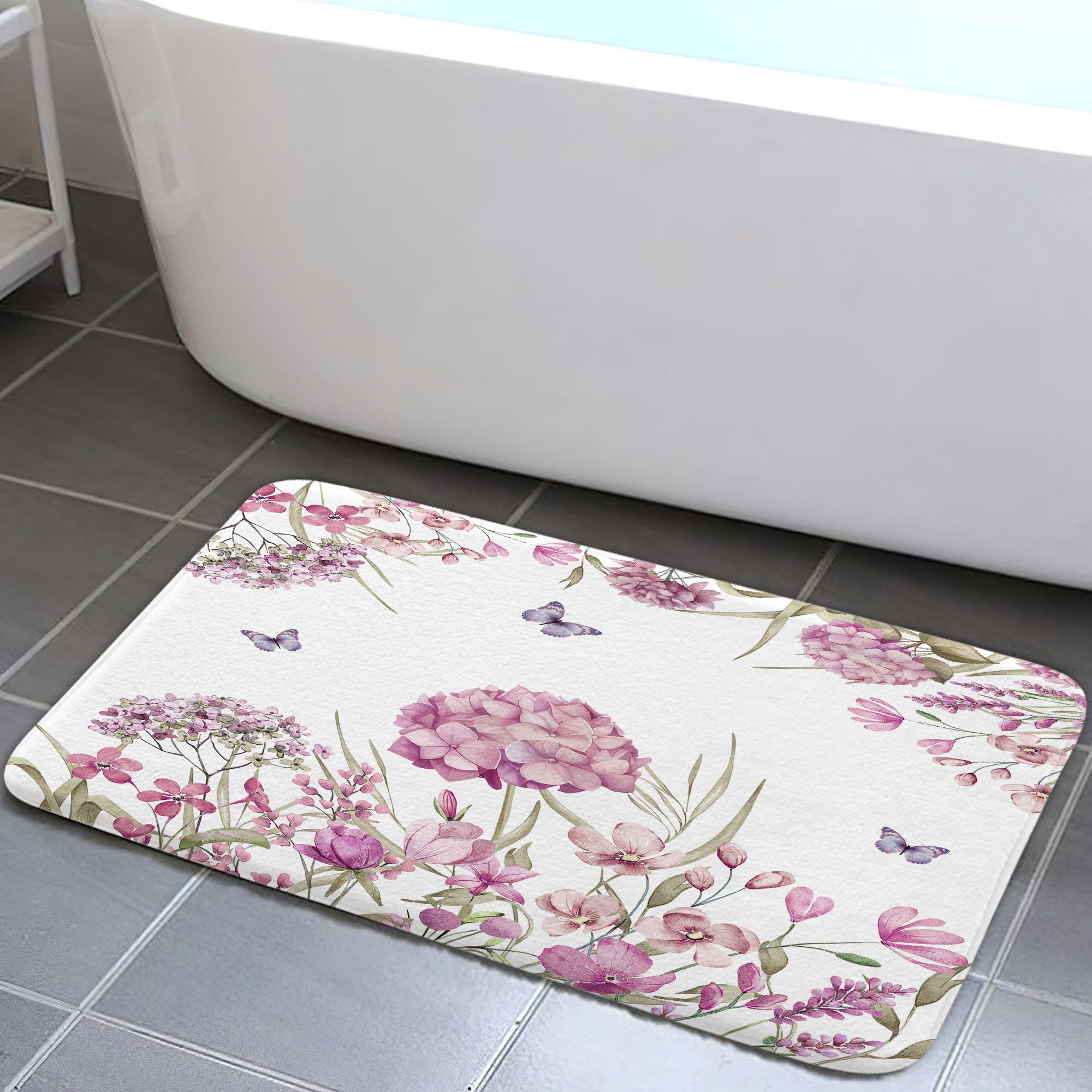 Pink Flower Wildflower Plant Bath Rug, Watercolor Floral Non-Slip Floor ...