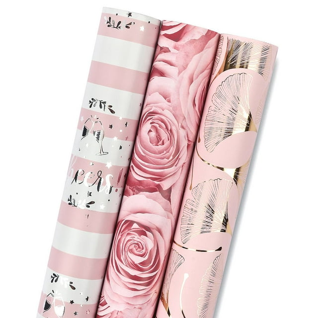 Maypluss Glossy Colored Pink Flower Wrapping Paper- 3 Mini Rolls, Eco ...