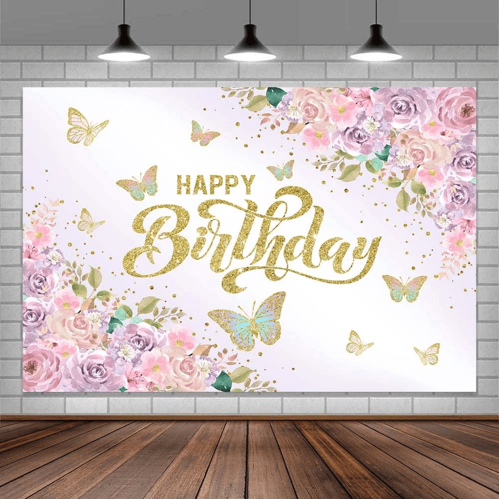 Pink Flower and Butterfly Backdrop Birthday Decor Happy Birthday Banner ...