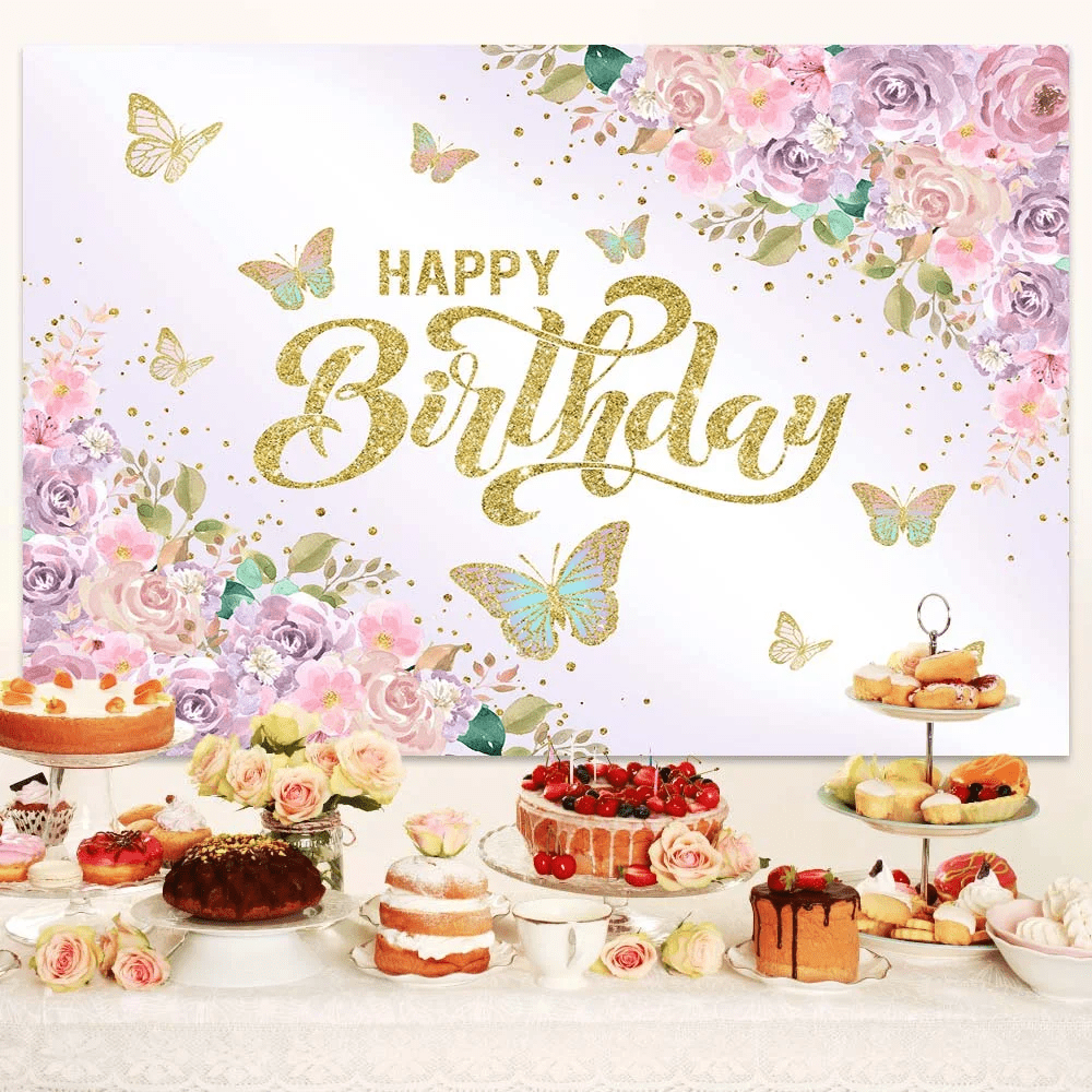 Pink Flower and Butterfly Backdrop Happy Birthday Banner Background ...