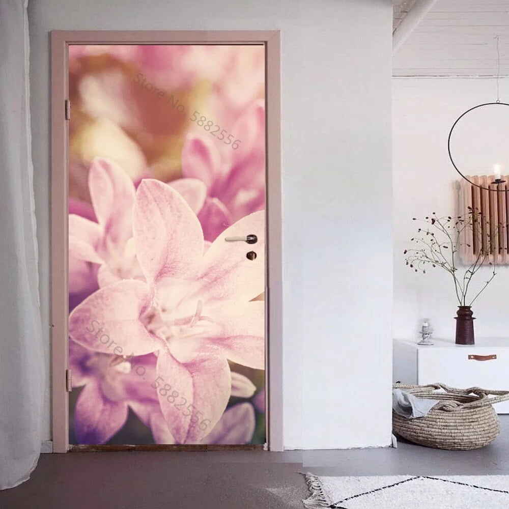 Pink Flowers 3D Door Stickers Self Adhesive PVC Poster for Whole Door ...