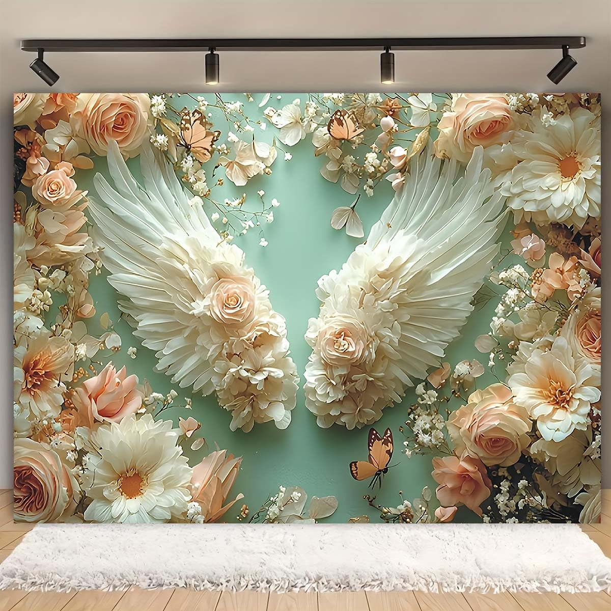 Pink Flowers Angel Wings Backdrop Floral Surround Dreamy Romantic White ...