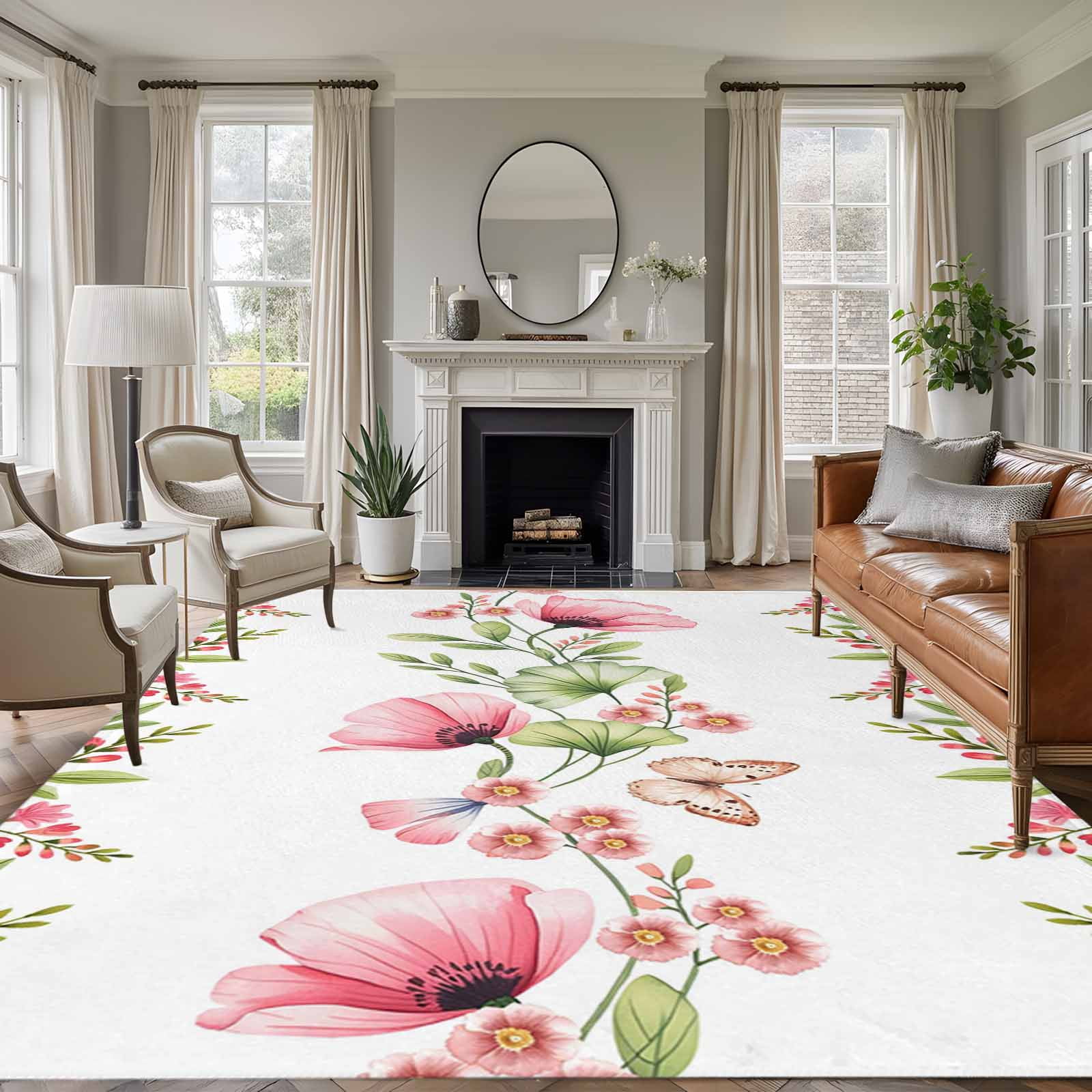 Pink Flowers Area Rug 6x9 Washable Rug Non Slip Sping Botanical Floral ...