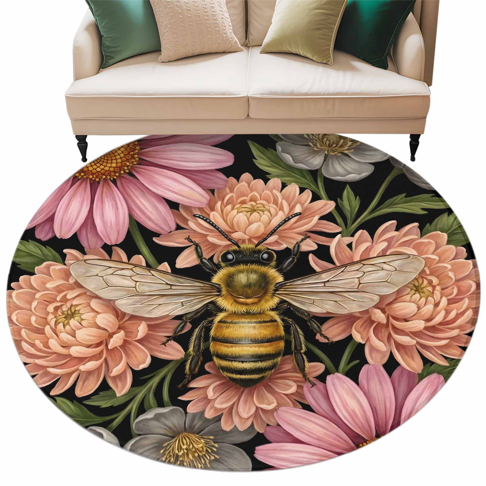 Pink Flowers Bee Round Rug 8ft Washable Circle Rugs Non Slip Spring ...