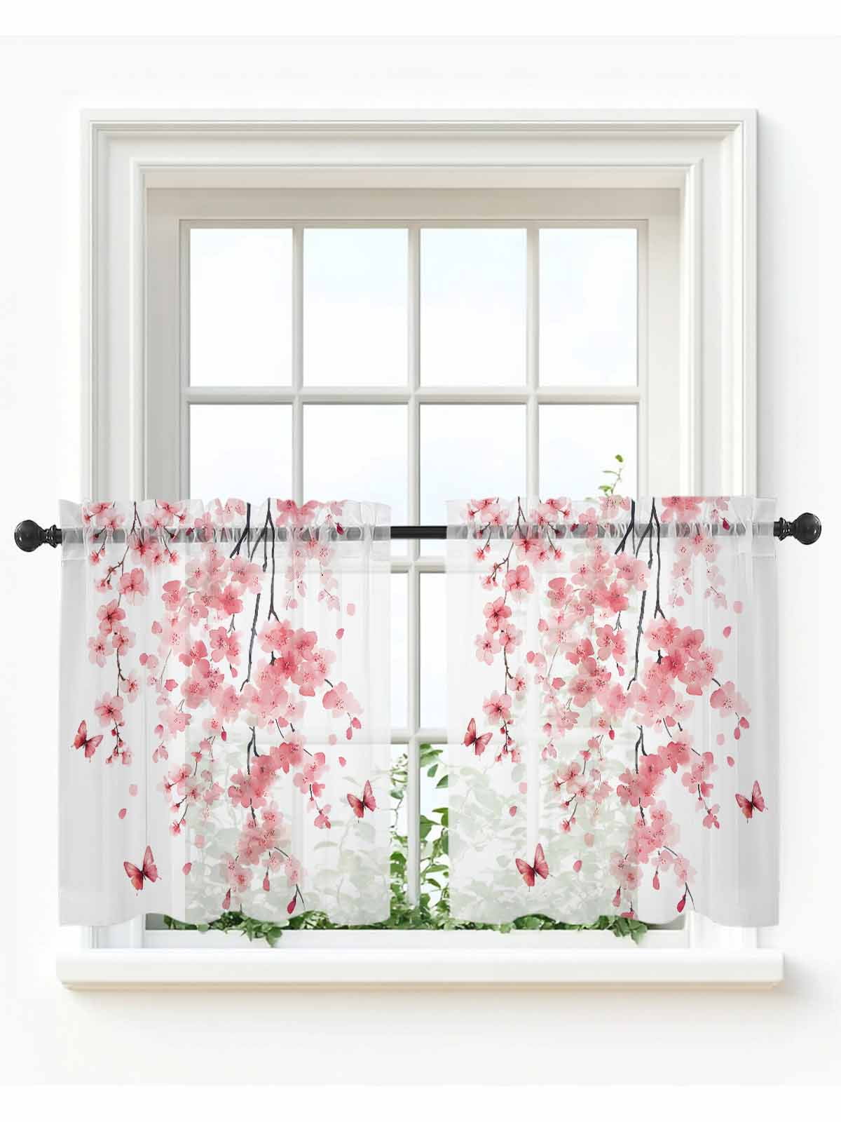 Pink Flowers Butterfly Tier Curtains 36 Inch Length,Sheer Curtains for Bedroom Living Room ...