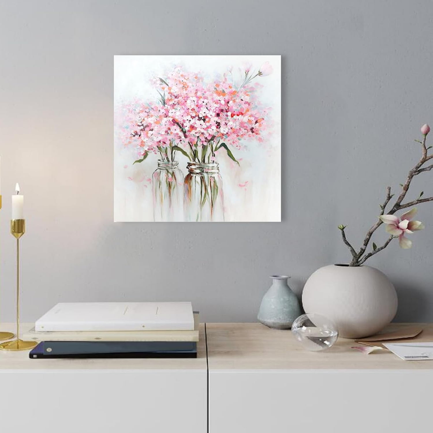 Pink Flowers Canvas Wall Art: Abstract Bouquet in Vase Artwork Prints ...