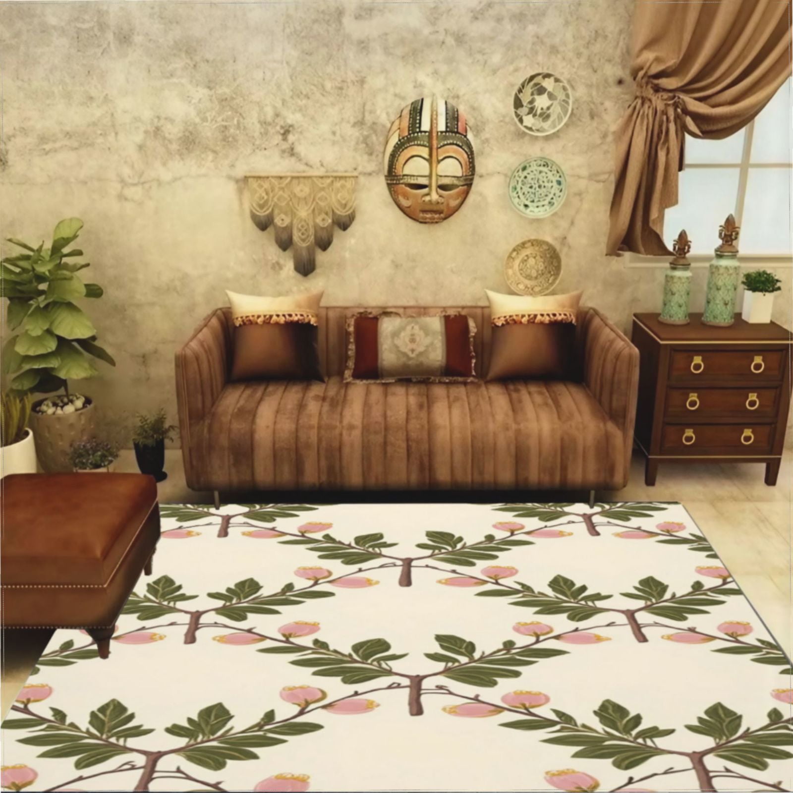 Pink Flowers Cream Background Pattern Light Luxury Retro Carpet Large ...