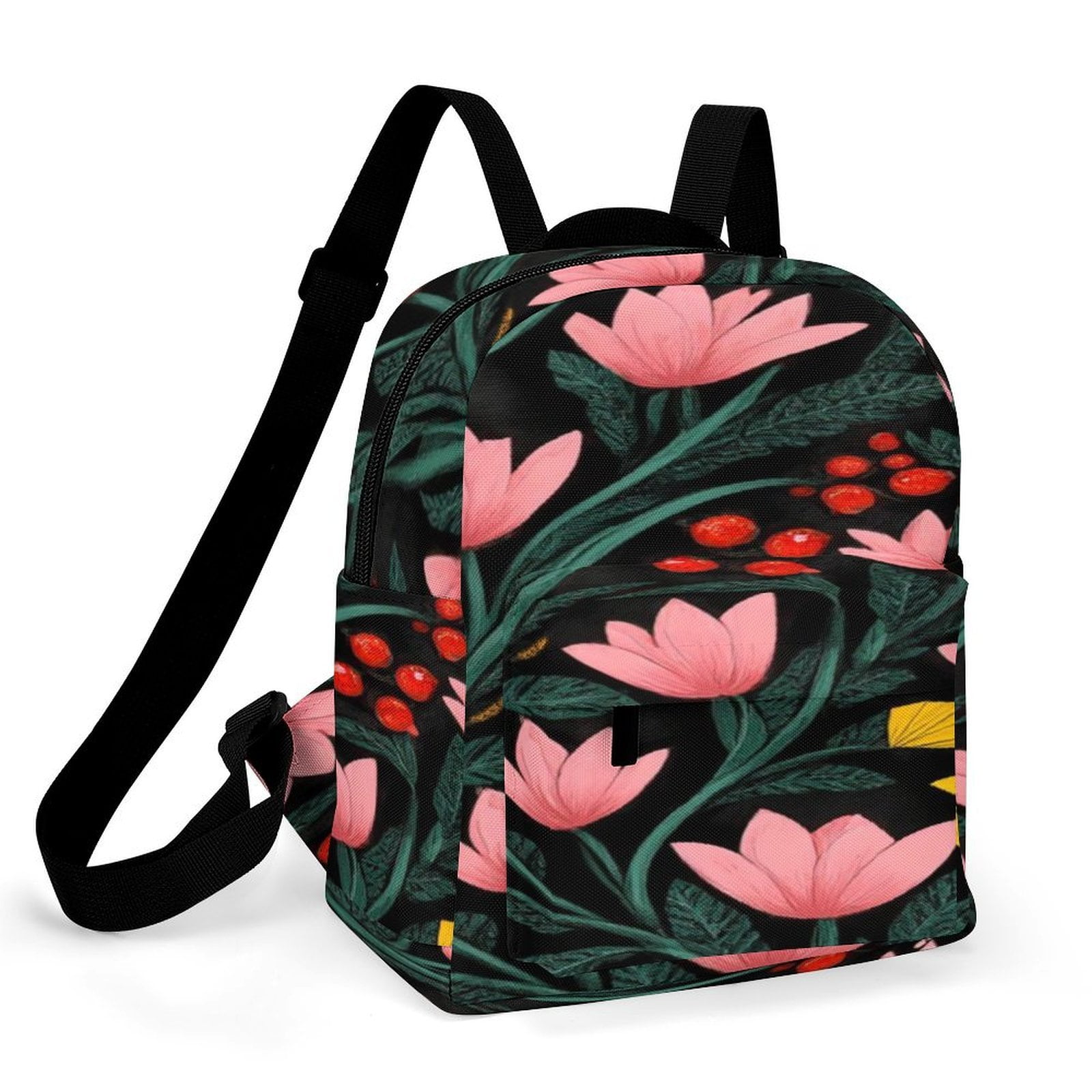 Pink Flowers Dark Green Leaves Small Backpack Cute Mini Backpacks For ...