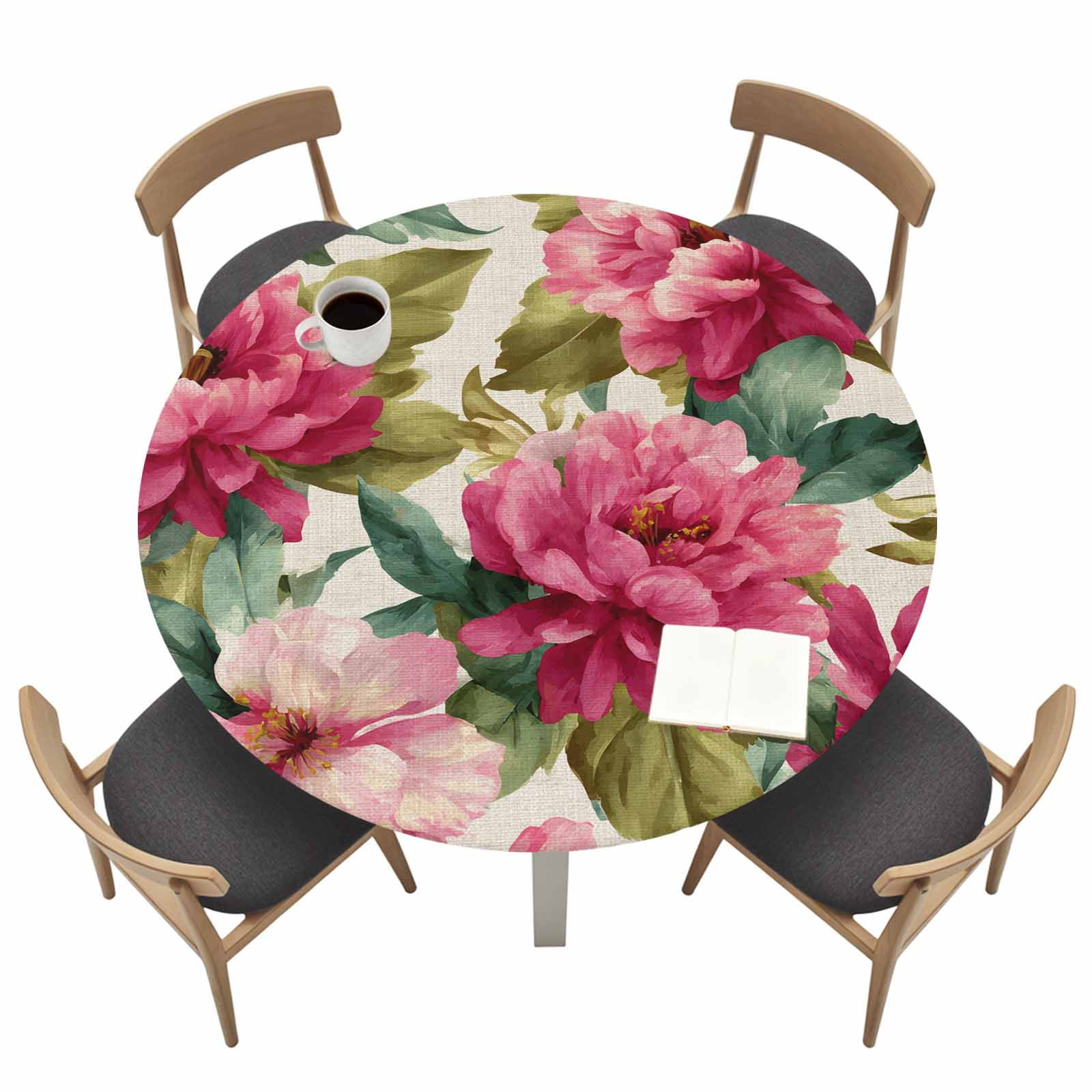 Pink Flowers Fitted Tablecloth with Elastic Edged, Round Table Cloth ...