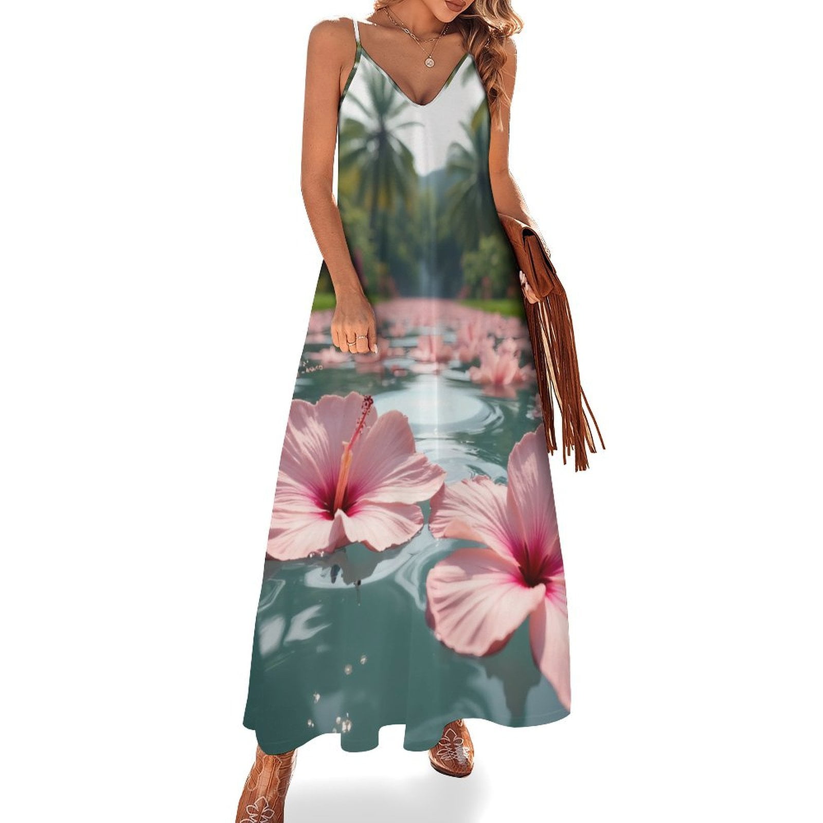 Pink Flowers Floating in Tropical Pool Sleeveless Dress Women's Luxury ...