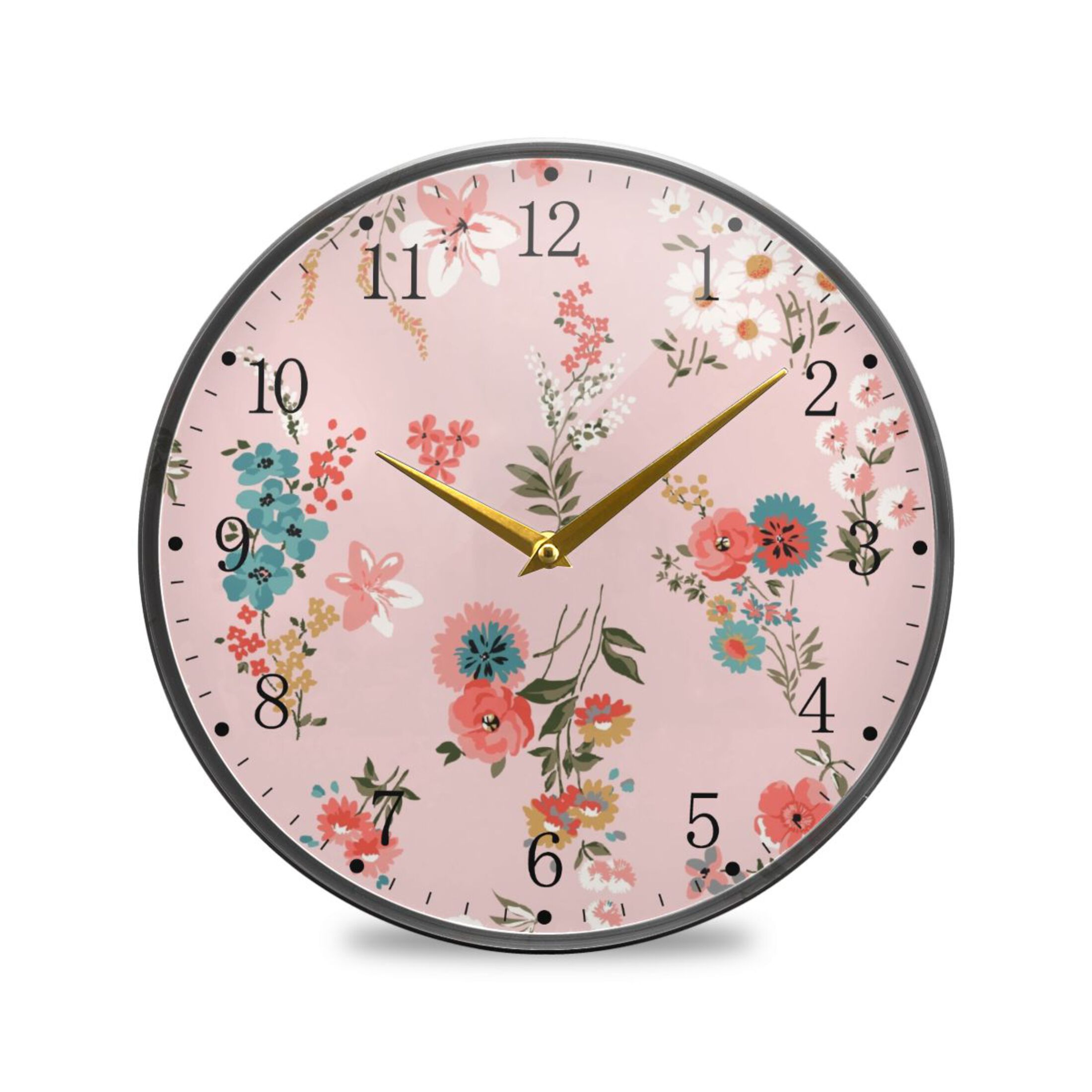 Pink Flowers Floral Colorful Acrylic Wall Clocks Quiet Round Clock ...