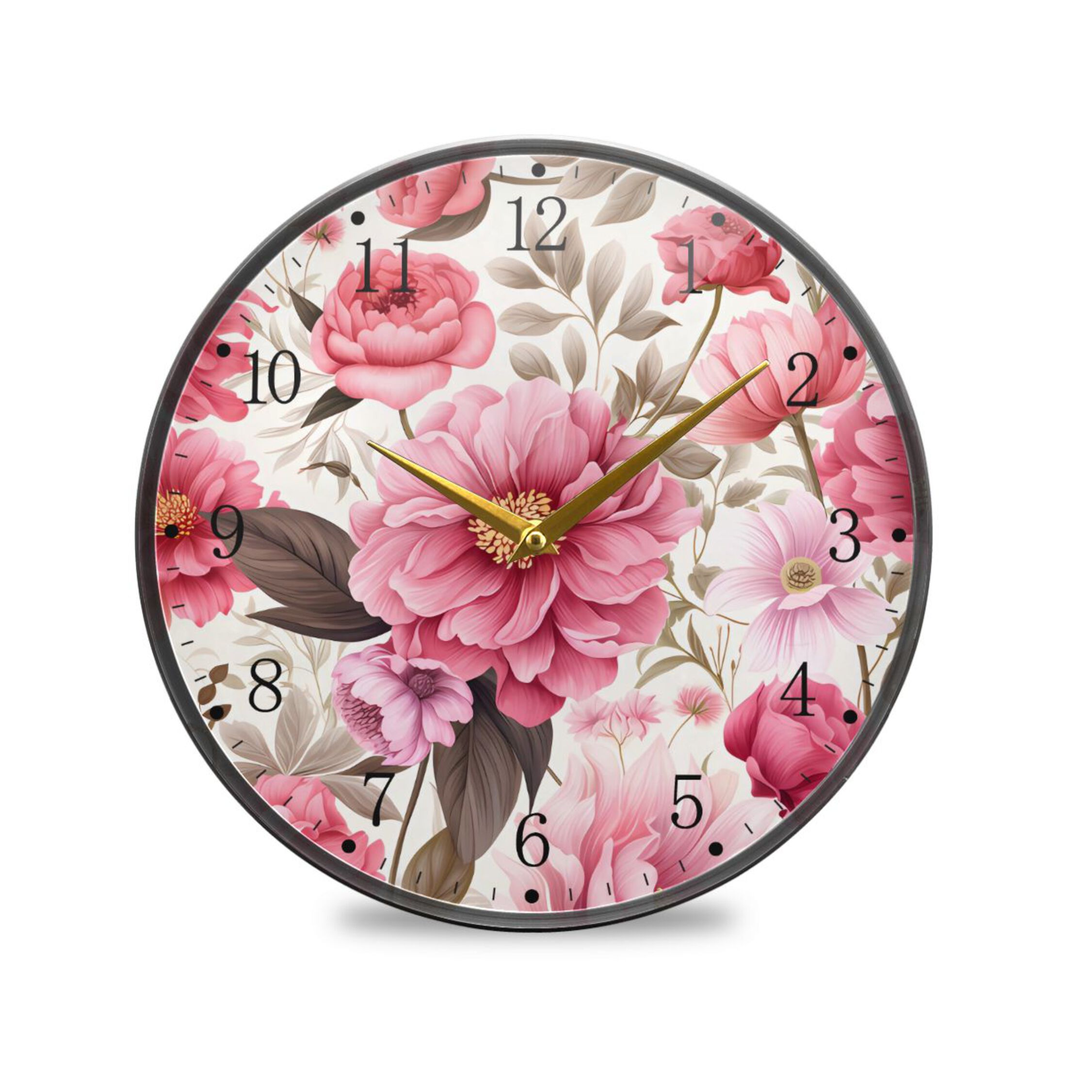 Pink Flowers Floral Print Acrylic Wall Clocks Quiet Round Clock Battery ...