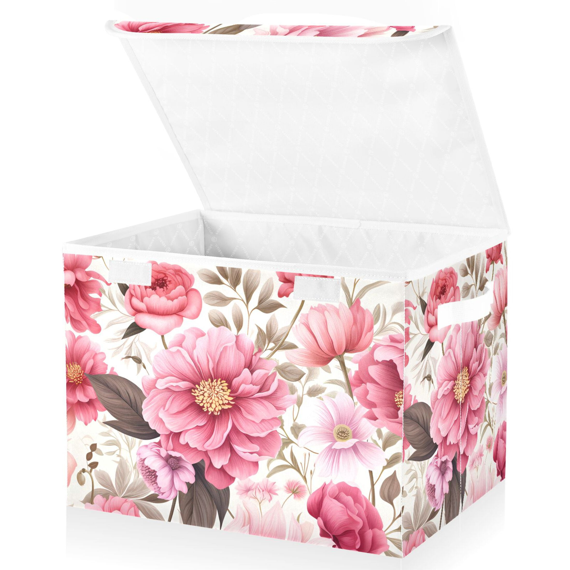 Pink Flowers Floral Print Large Lidded Bin Foldable Storage Baskets ...