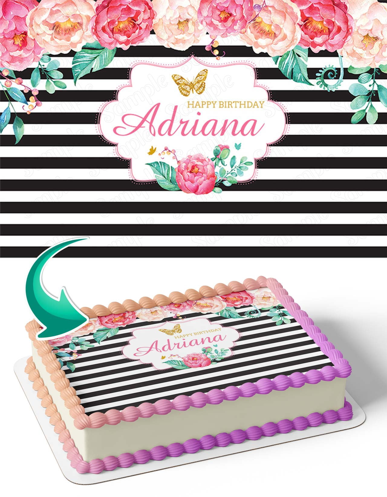 Pink Flowers Girls Black And White Stripes Gold Butterfly PFG Edible ...