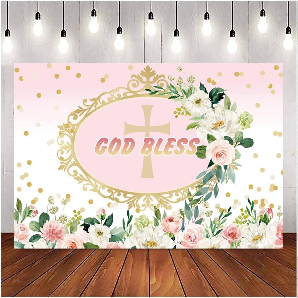Pink Flowers God Bless Baptism Backdrop Golden Dots Crucifix Boys Girls ...