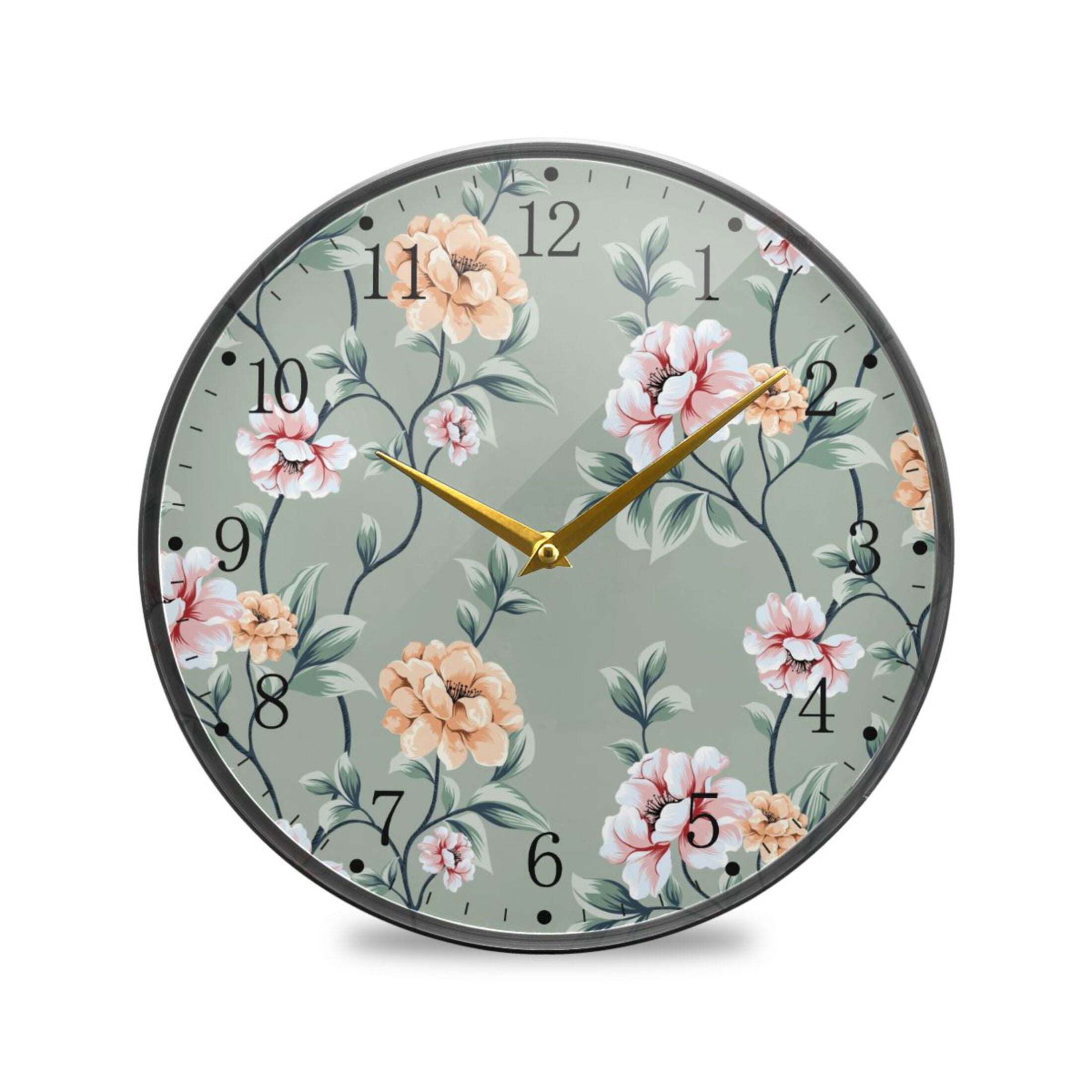 Pink Flowers with Green Leaves Acrylic Wall Clocks Quiet Round Clock ...