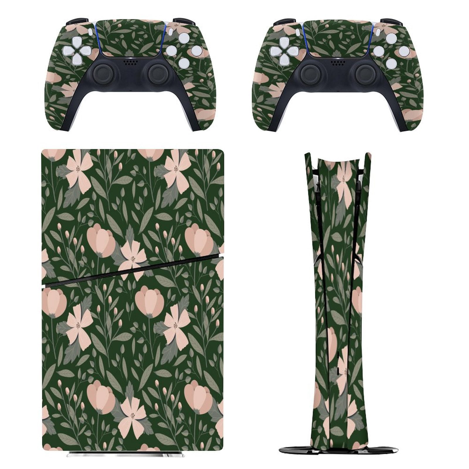Pink, Flowers, Green Leaves, Plain PS5/PS5 Slim Digital Disc Skin ...