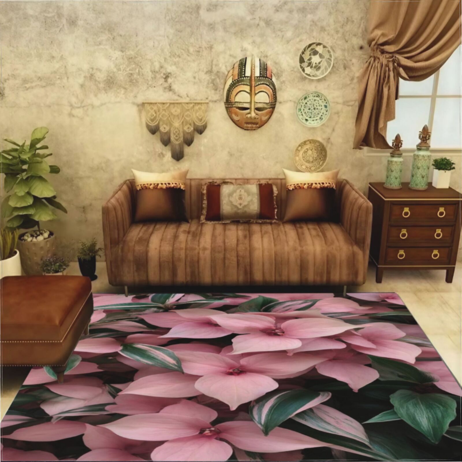 Pink Flowers Green Leaves Plants Light Luxury Retro Carpet Large Size ...