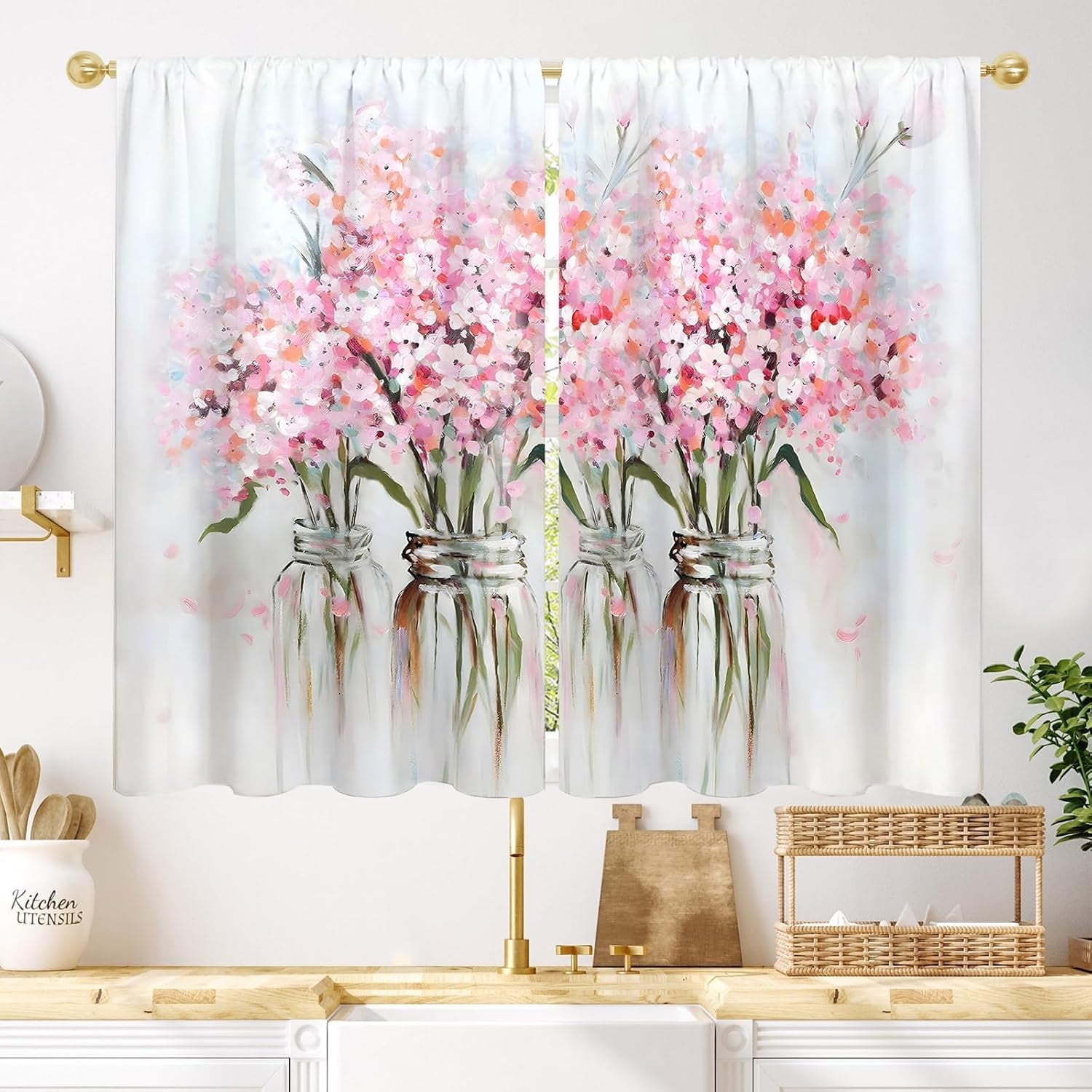 Pink Flowers Kitchen Curtain 27.5W X 39L Inch 2 Panels Abstract ...