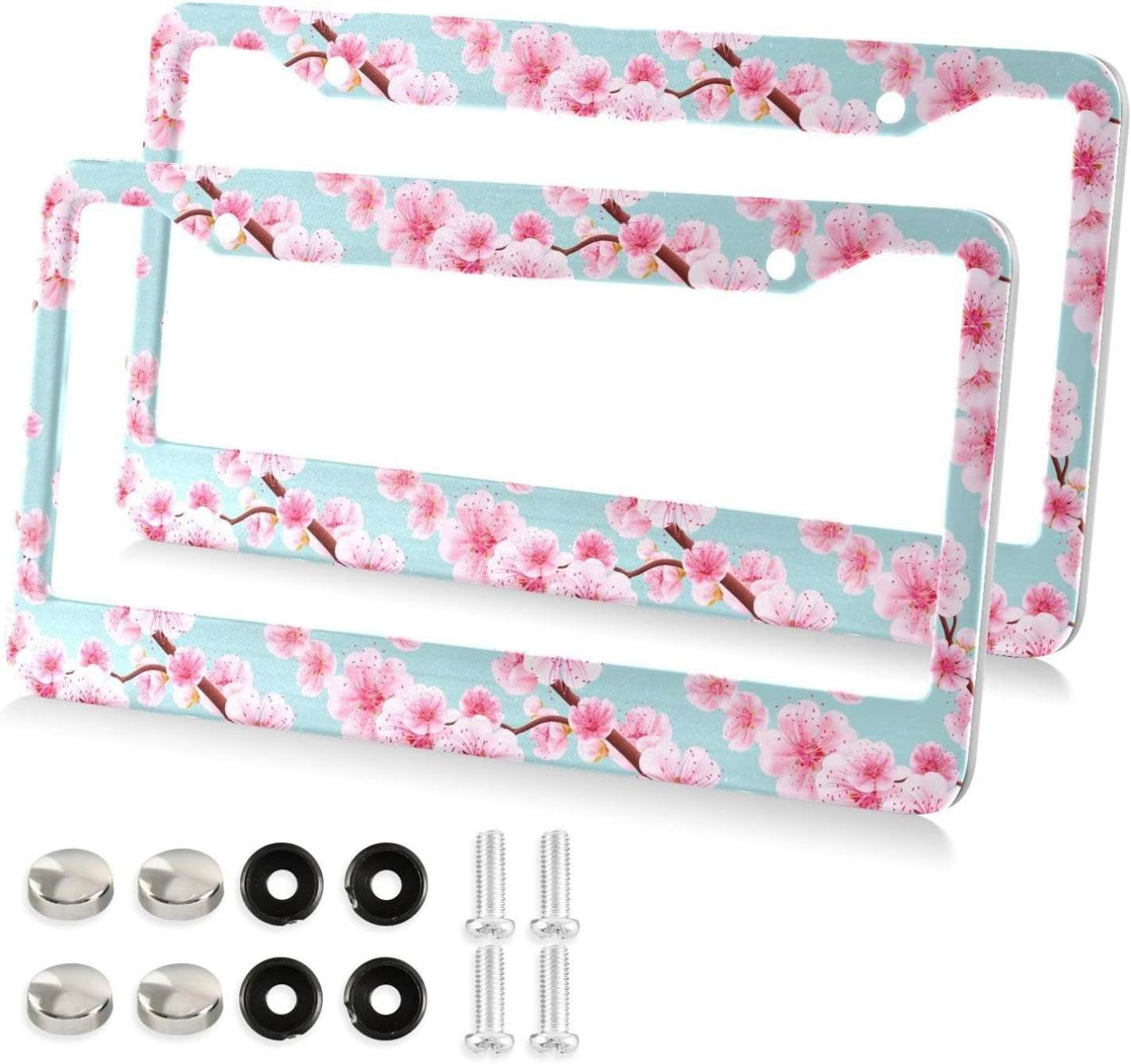 Pink Flowers License Plate Frame, Decorative Aluminum Car Tag Frames, 2 ...