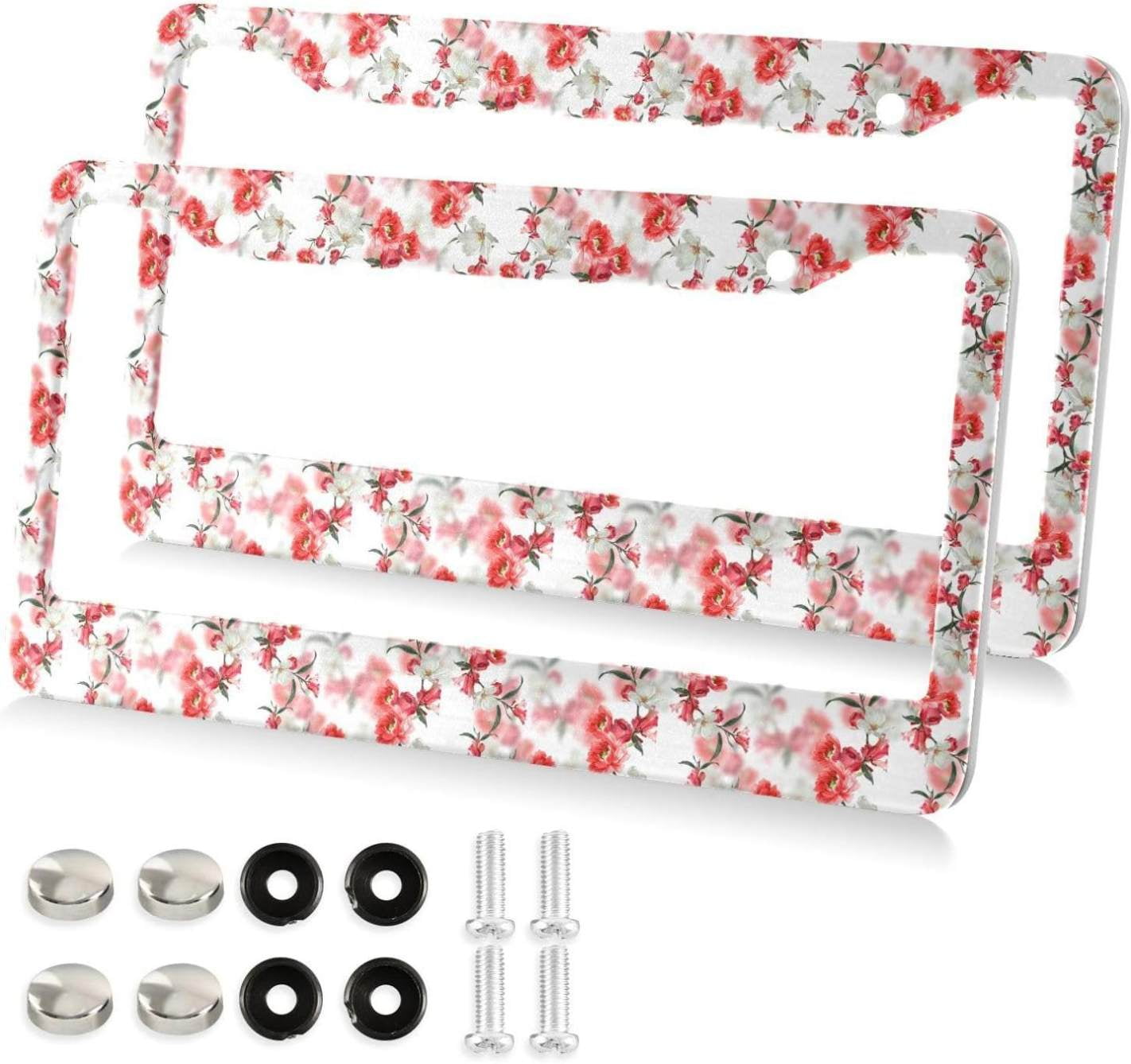 Pink Flowers License Plate Frame, Decorative Aluminum Car Tag Frames, 2 ...
