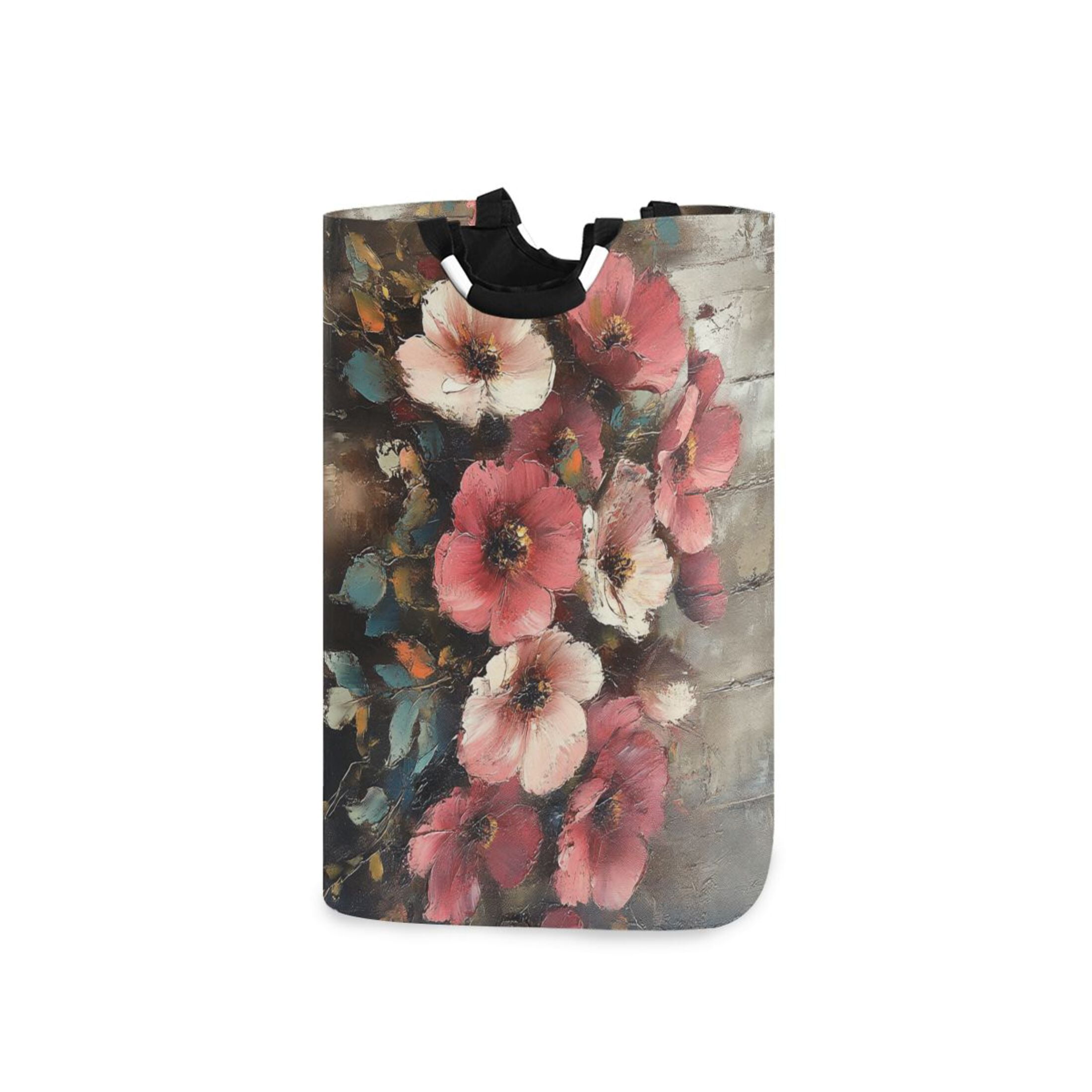 Pink Flowers Oil Painting Laundry Basket with Handles 50L Collapsible ...