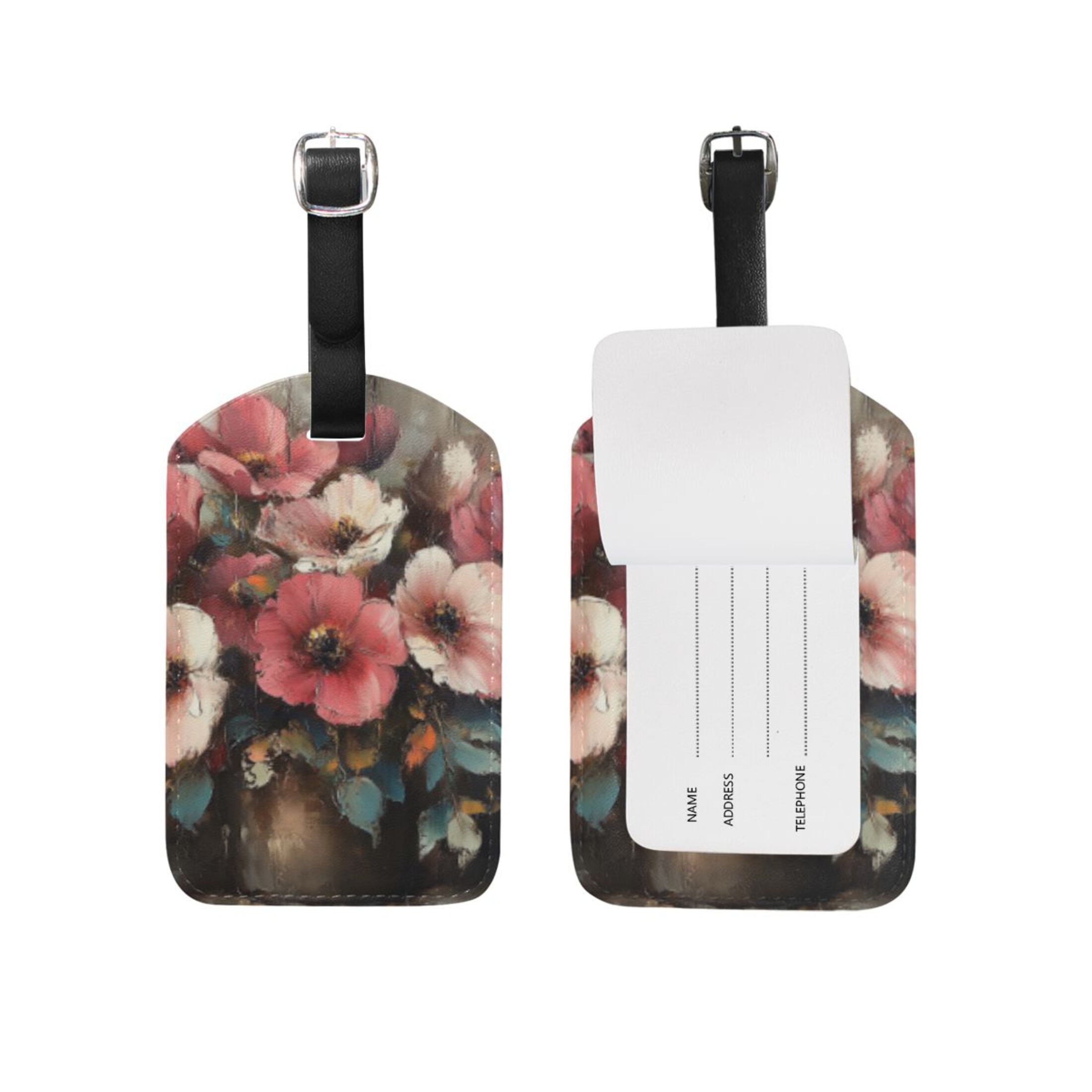Pink Flowers Oil Painting Luggage Tags PU Leather Name ID Labels for ...