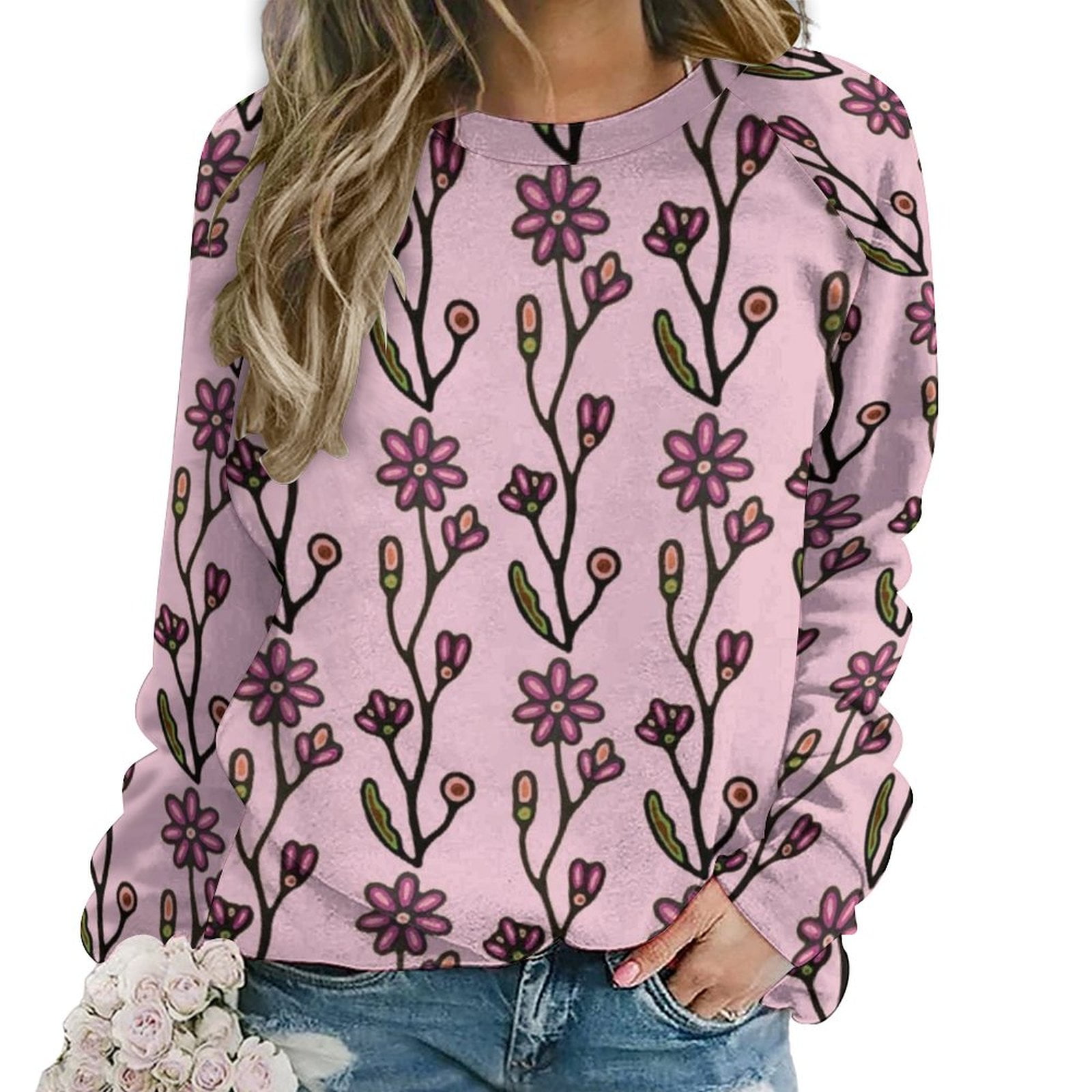 Pink Flowers Oversized Hoodie Women Drawstring Sweatshirts Personality ...