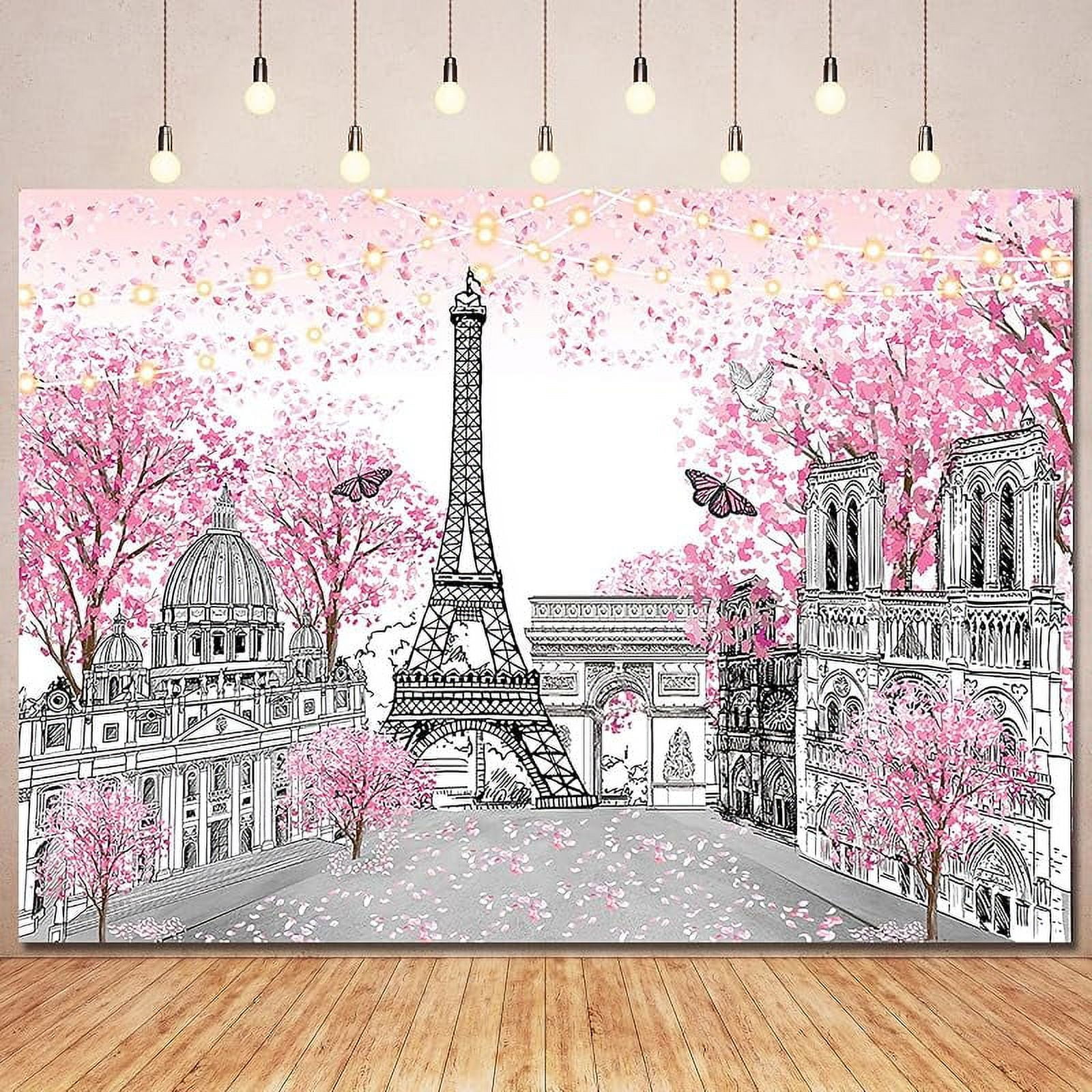 Pink Flowers Paris Backdrop Paris Themed Party Decorations,Pink Black ...