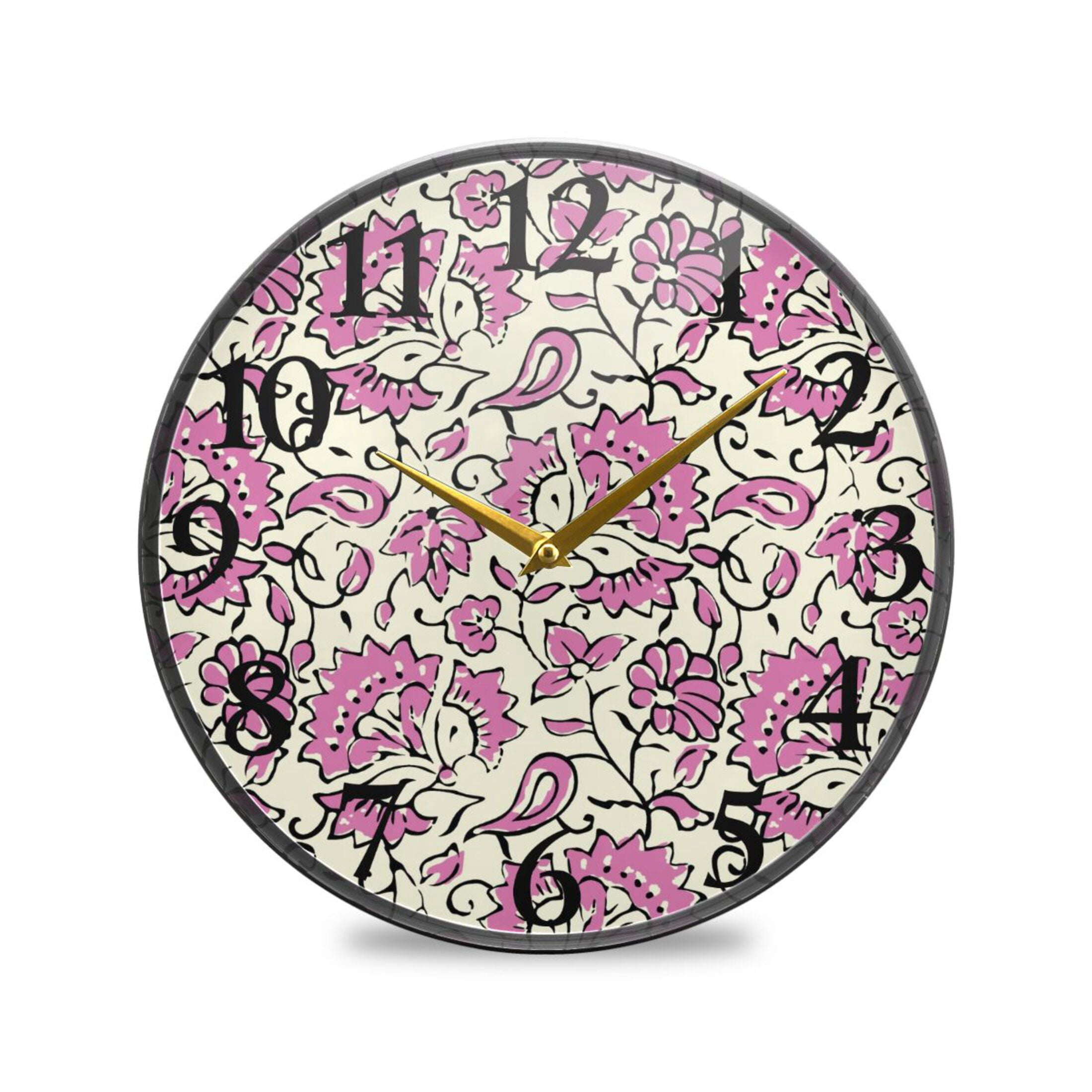 Pink Flowers Pattern Acrylic Wall Clocks Quiet Round Clock Battery ...