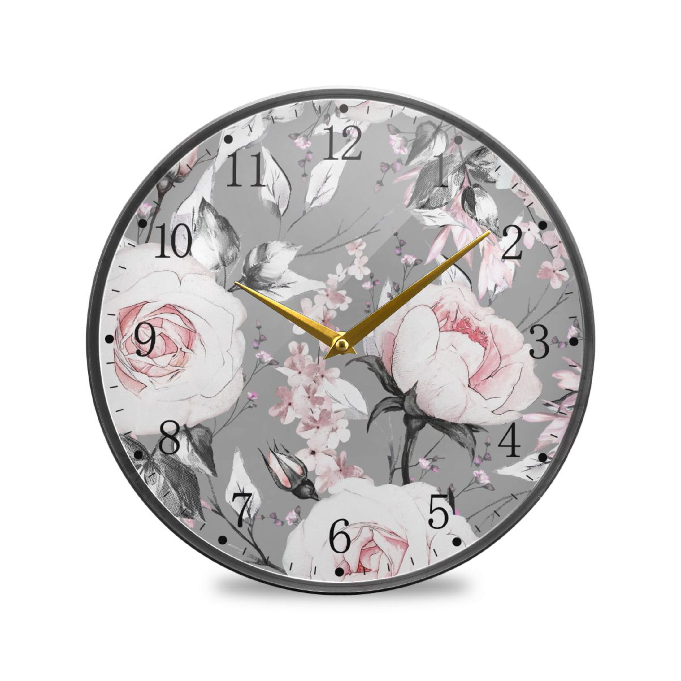 Pink Flowers Roses Acrylic Wall Clocks Quiet Round Clock Battery ...