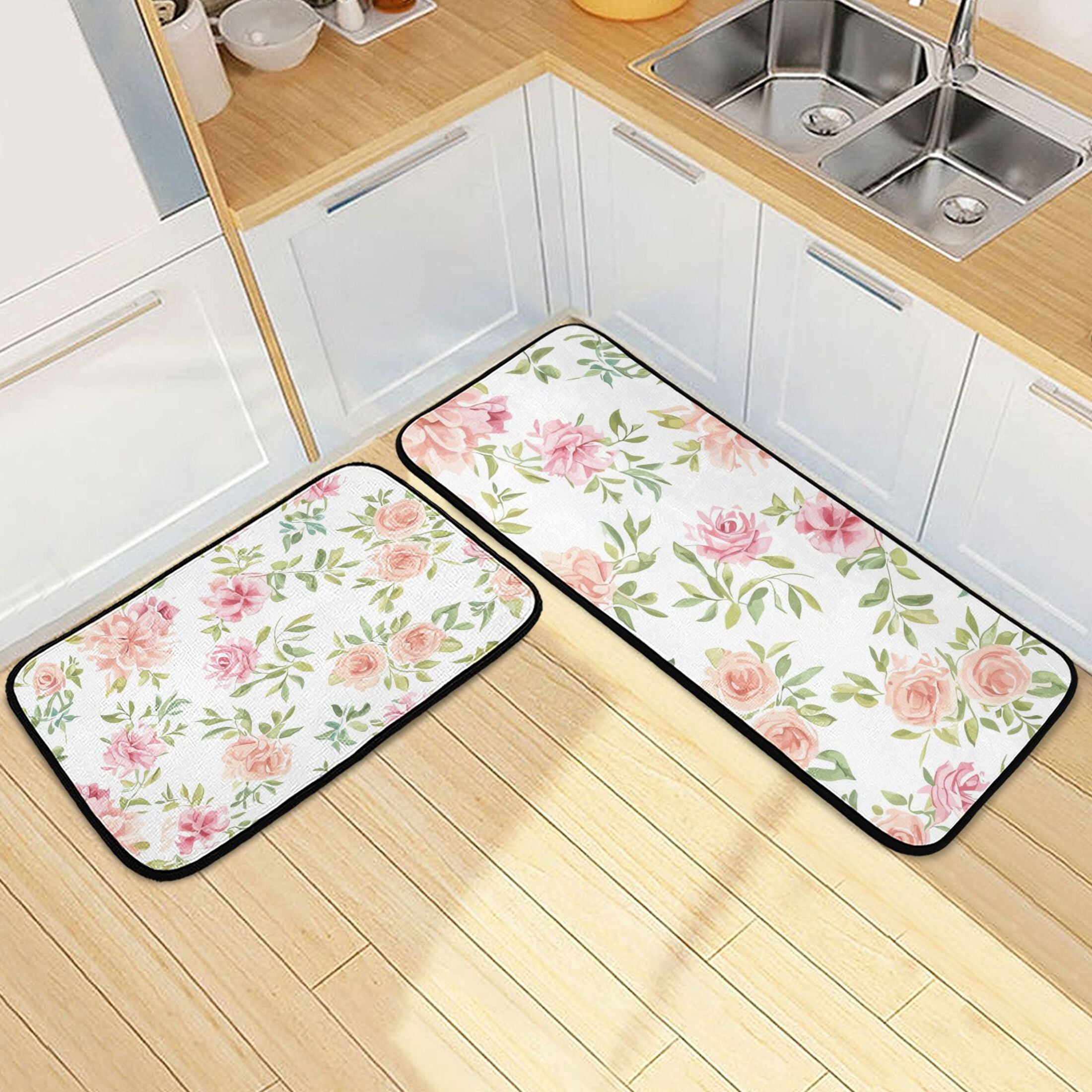 Pink Flowers Roses and Leaf Kitchen Mats Set 2 Piece Non Slip Floor ...