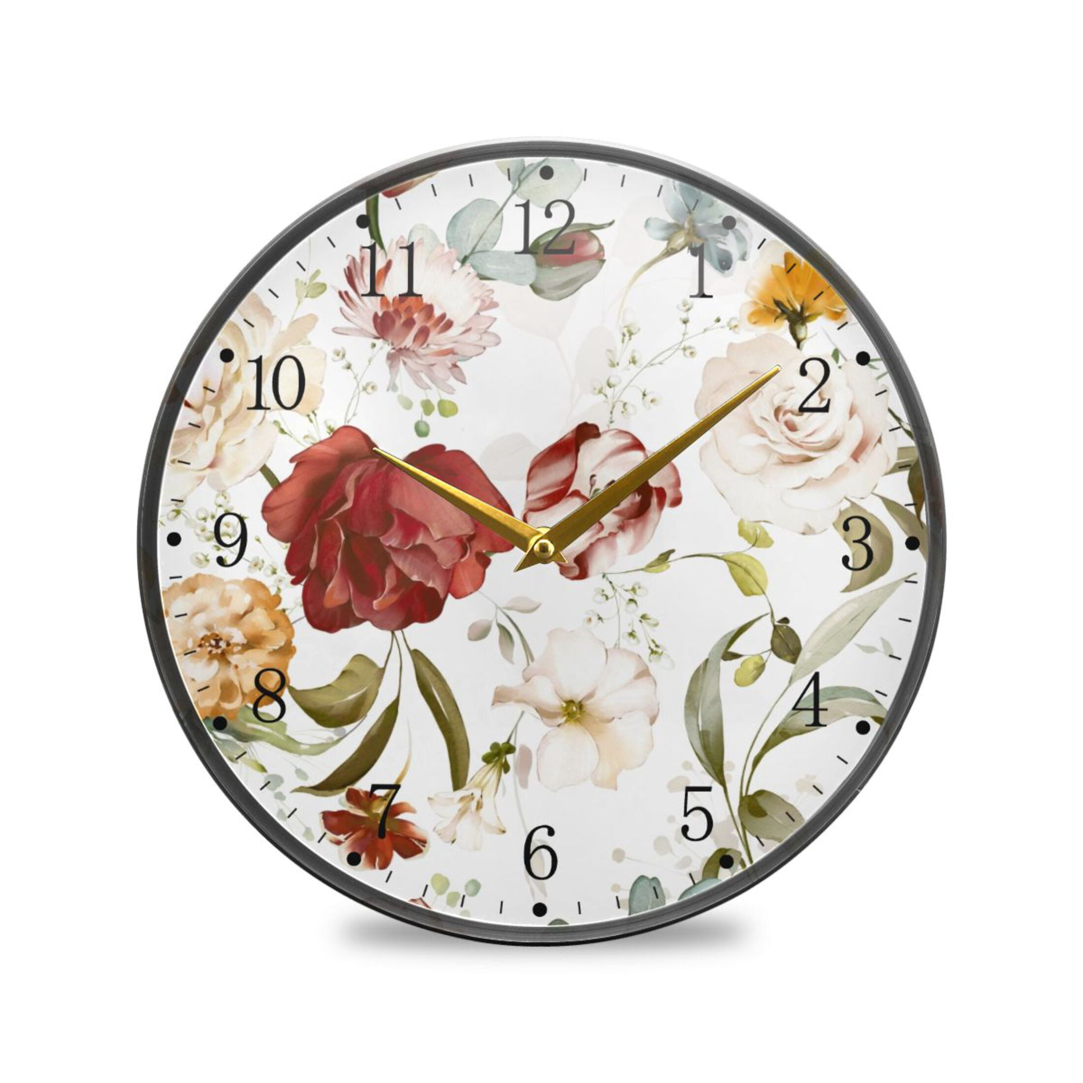 Pink Flowers Roses Peonies Acrylic Wall Clocks Quiet Round Clock ...